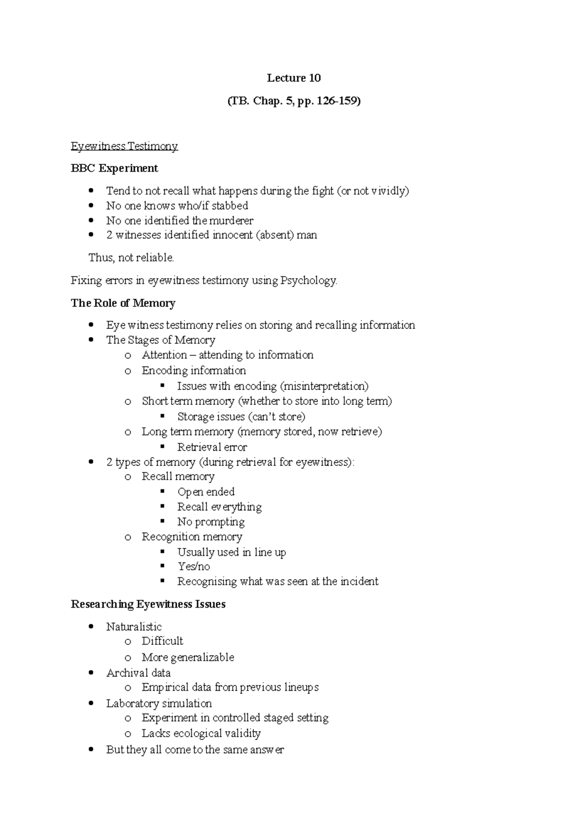 10 Eyewitness Testimony - Lecture 10 (TB. Chap. 5, pp. 126-159 ...