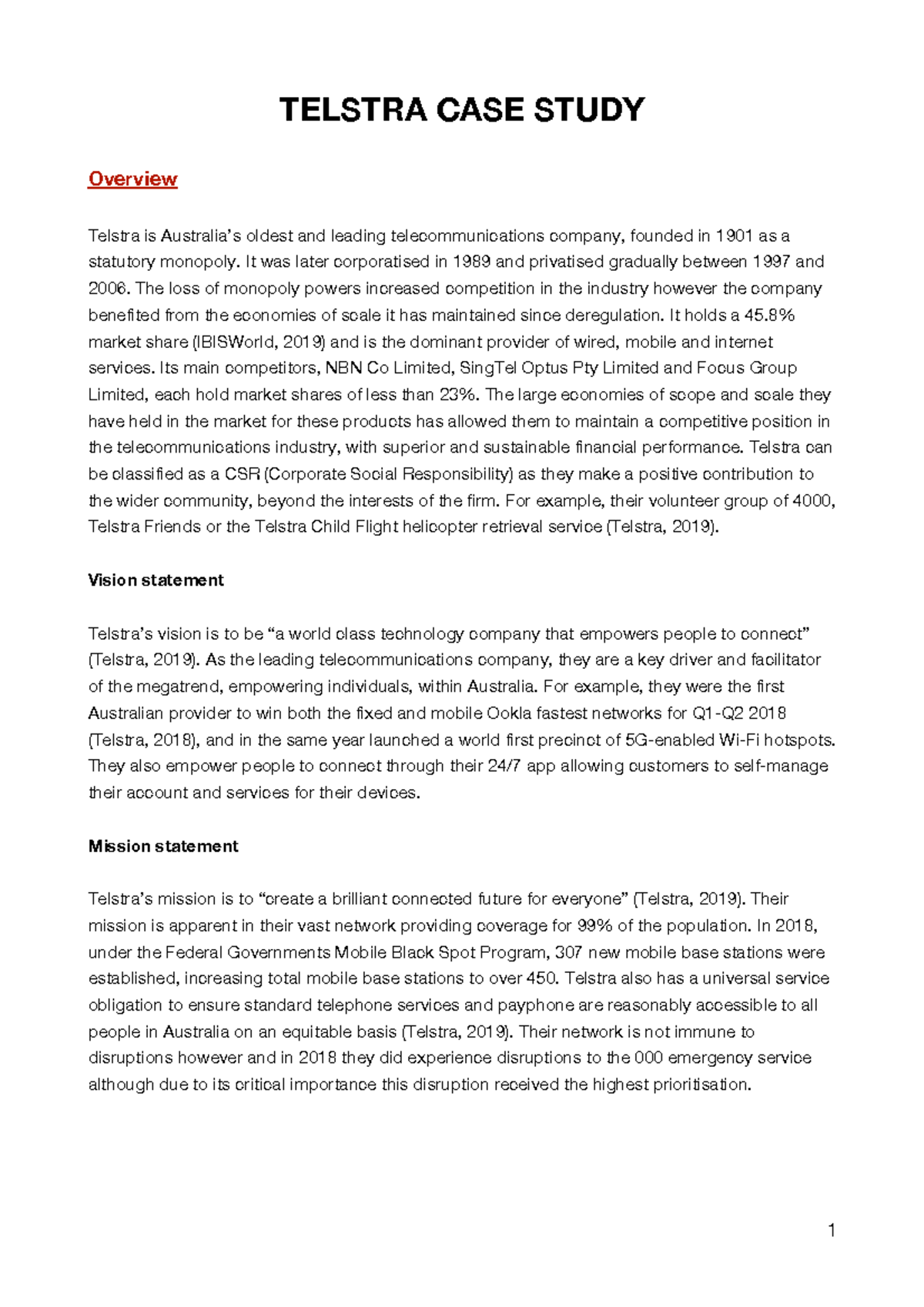 BUSS1000 Casestudy 1S12019 - TELSTRA CASE STUDY Overview Telstra is Australia’s oldest and ...