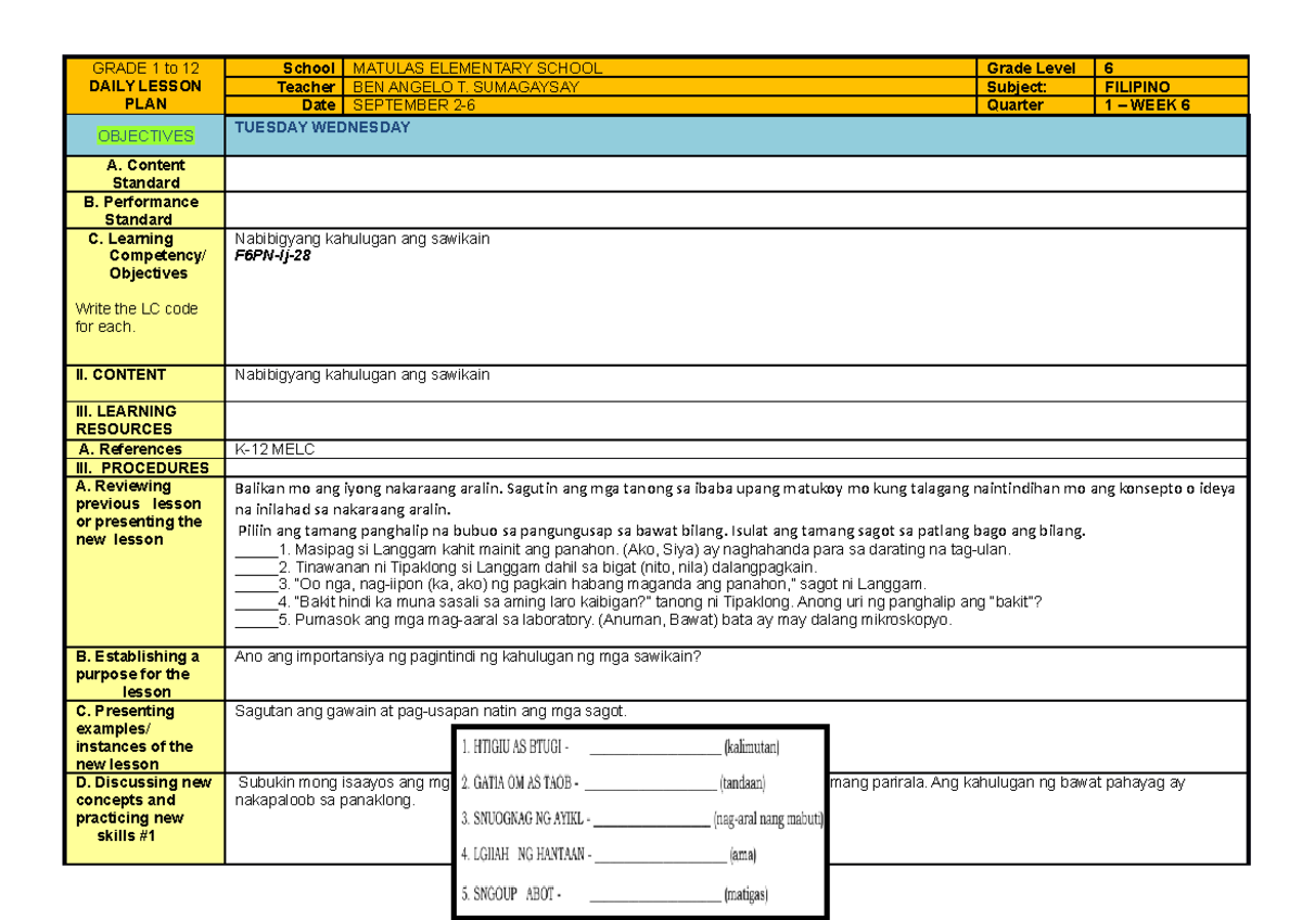 WEEK6-DLP Filipino - GRADE 1 to 12 DAILY LESSON PLAN School MATULAS ...