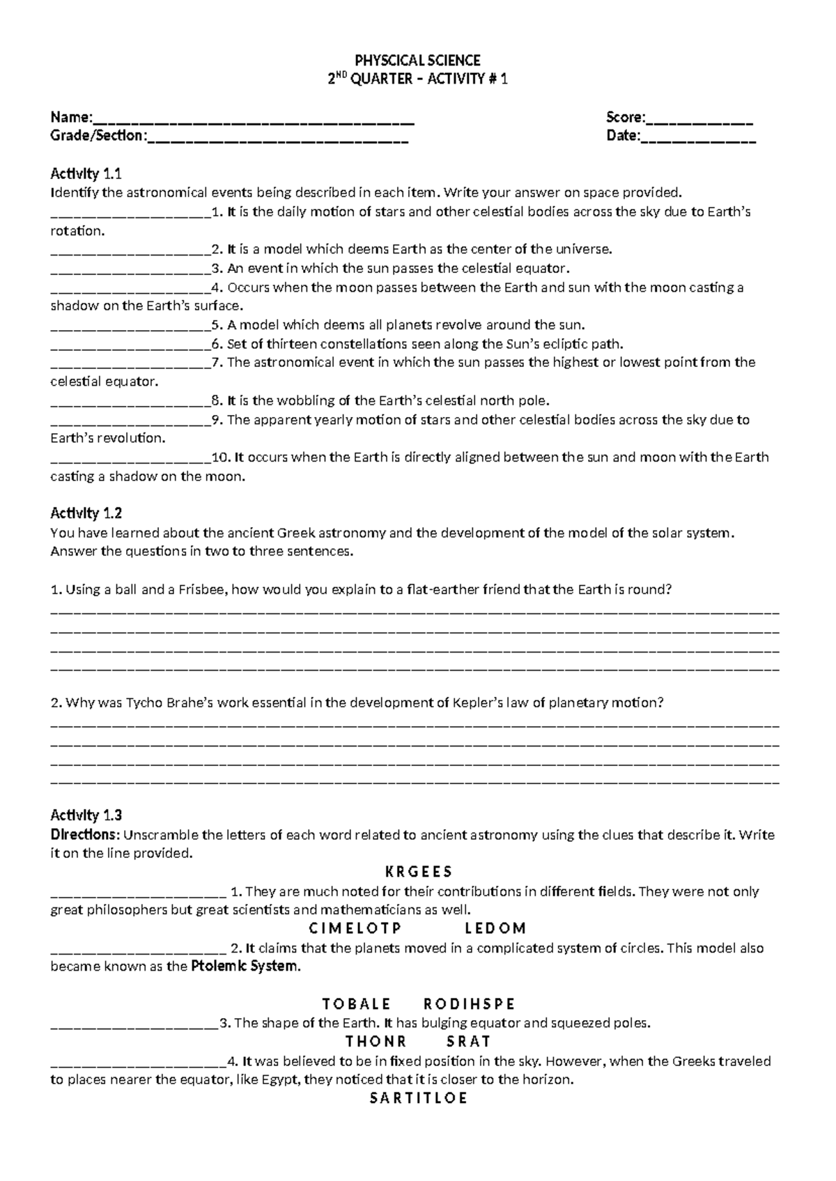Physci activity 1 - PHYSCICAL SCIENCE 2 ND QUARTER – ACTIVITY # 1 - Studocu