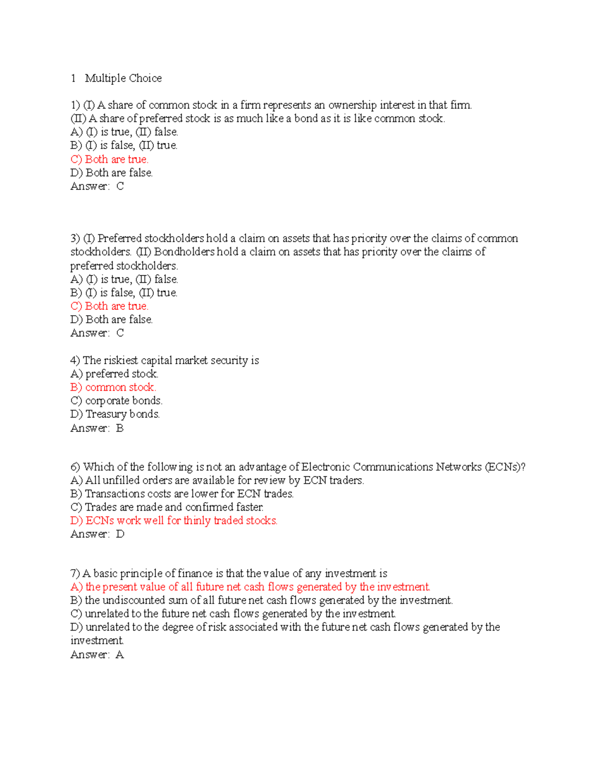 Chapter 13 stock market - 1 Multiple Choice (I) A share of common stock ...