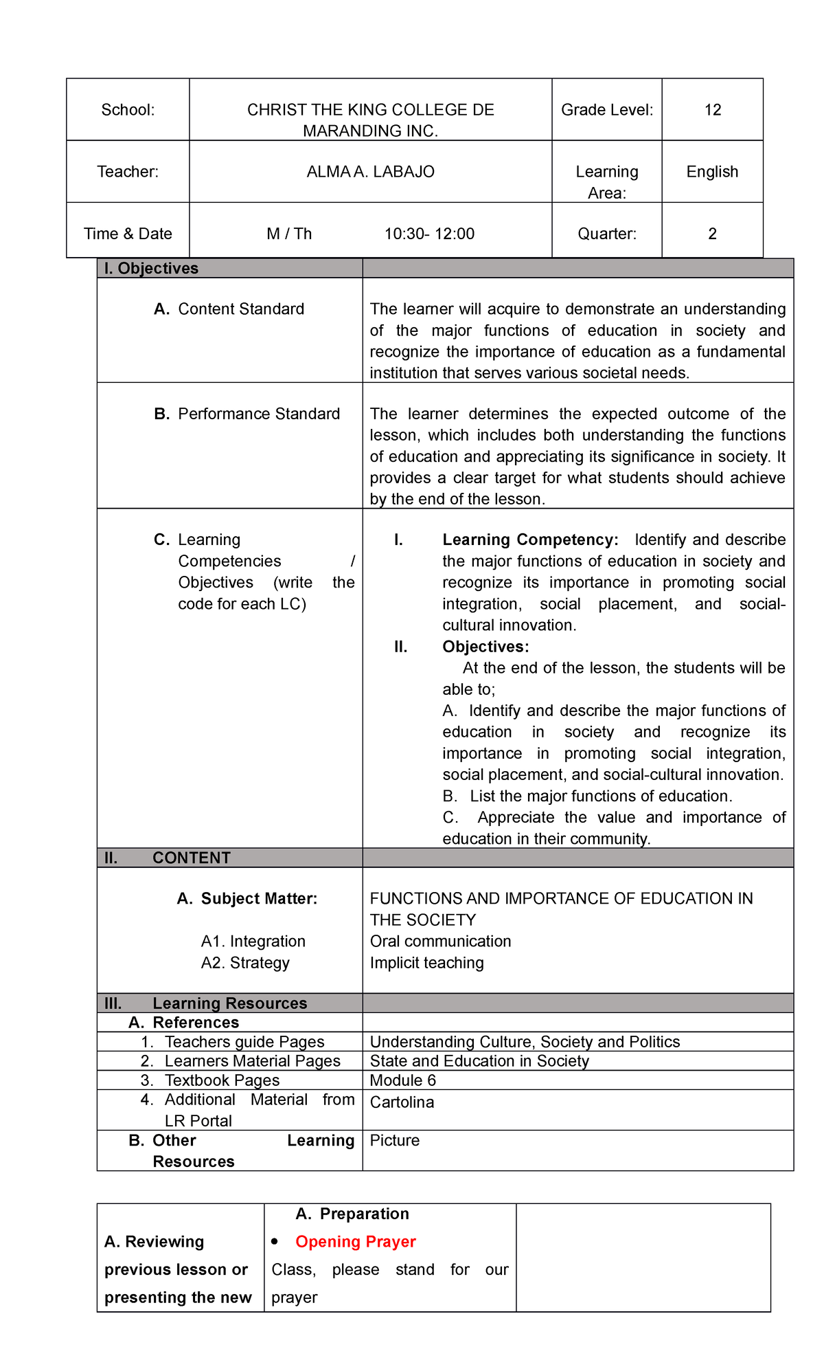 Deped LP - School: CHRIST THE KING COLLEGE DE MARANDING INC. Grade ...