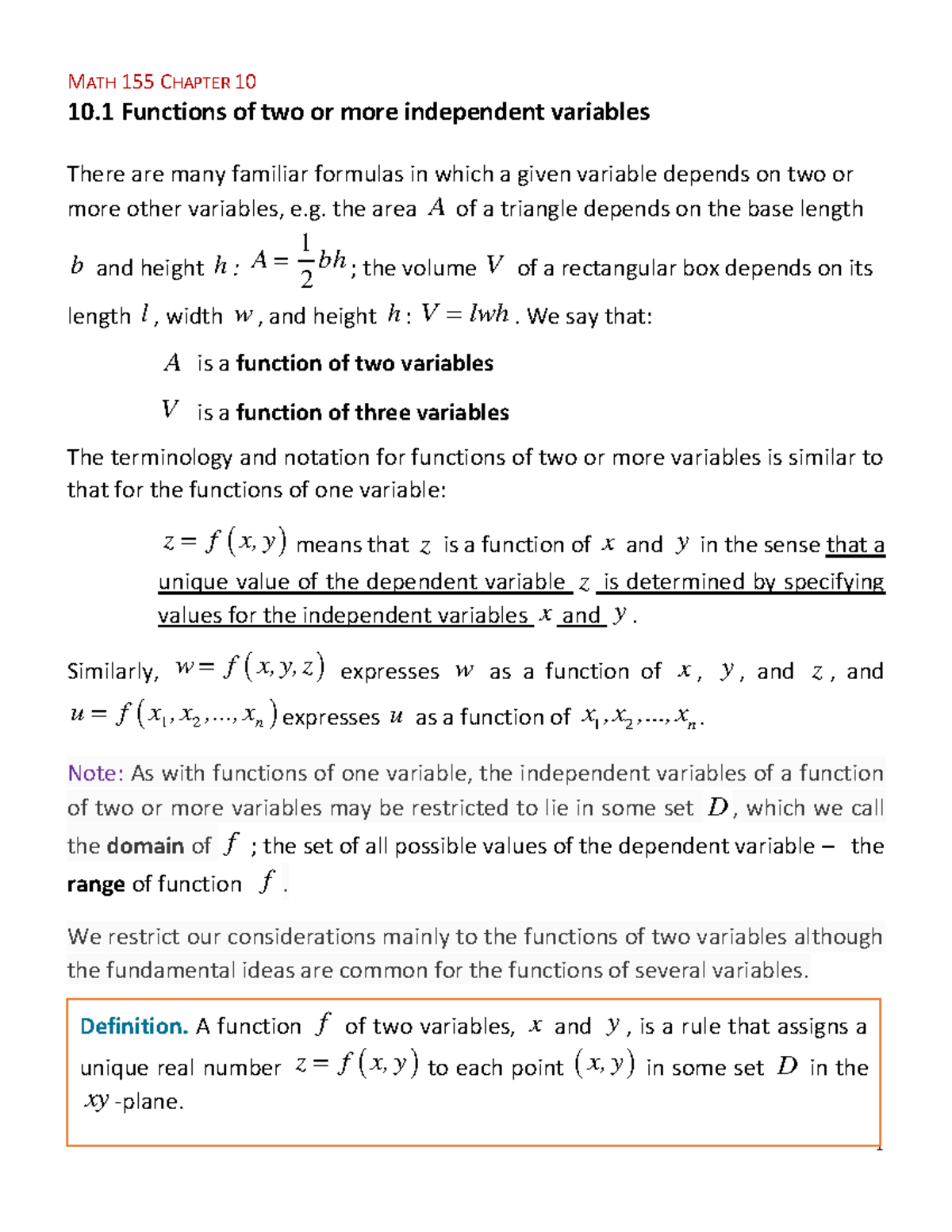MATH 155 Chapter 10Section 10.1 updated - MATH 155 CHAPTER 10 10 Functions of two or more - Studocu
