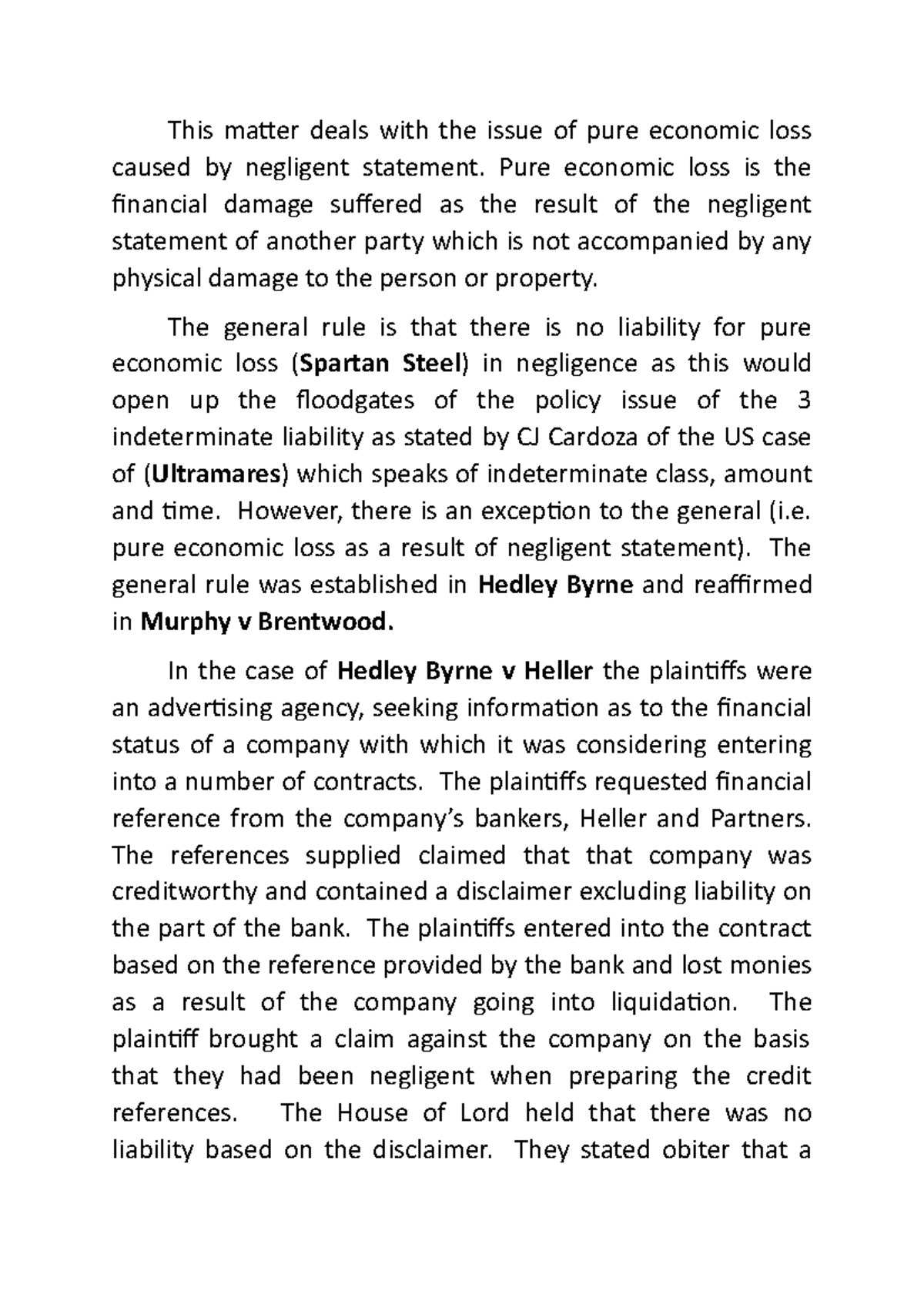 Pure Economic Loss - This matter deals with the issue of pure economic ...