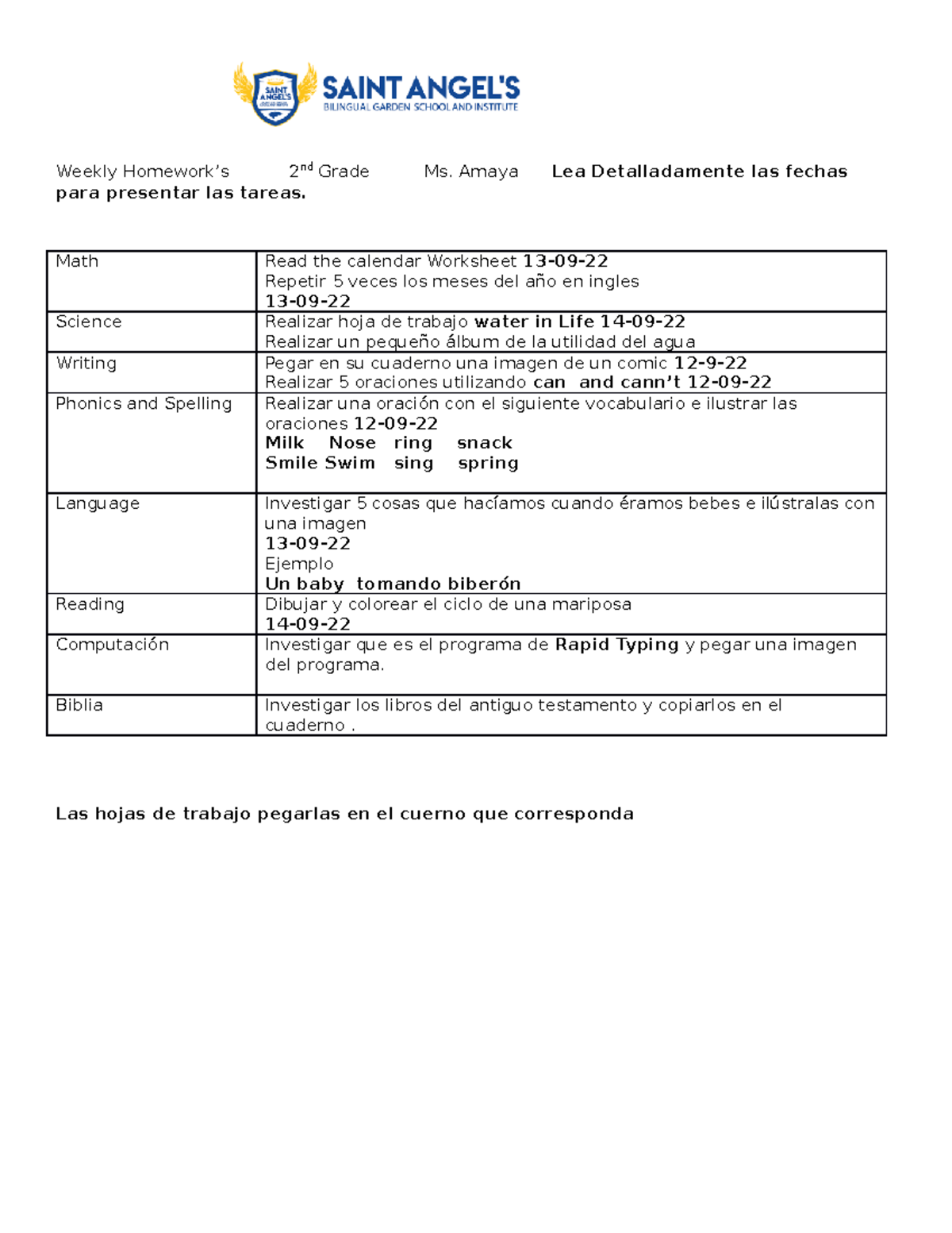 Weekly Homework - tarea - Weekly Homework’s 2 nd Grade Ms. Amaya Lea ...