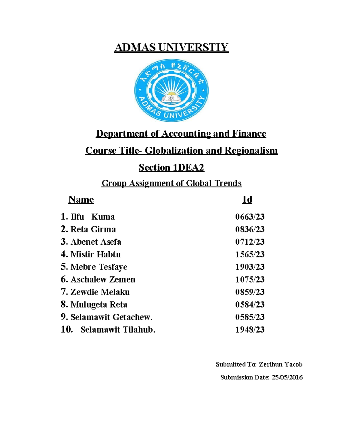 Globalization Finished - ADMAS UNIVERSTIY Department of Accounting and ...