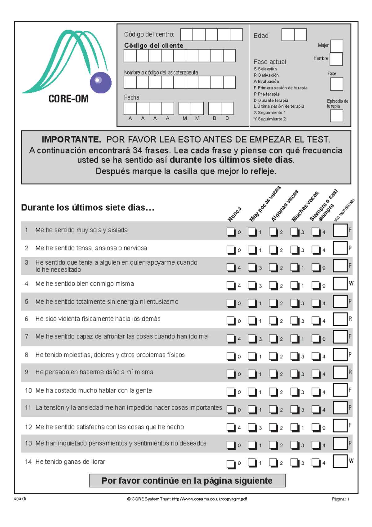 CORE-OM Spanish female version - IMPORTANTE. POR FAVOR LEA ESTO ANTES ...