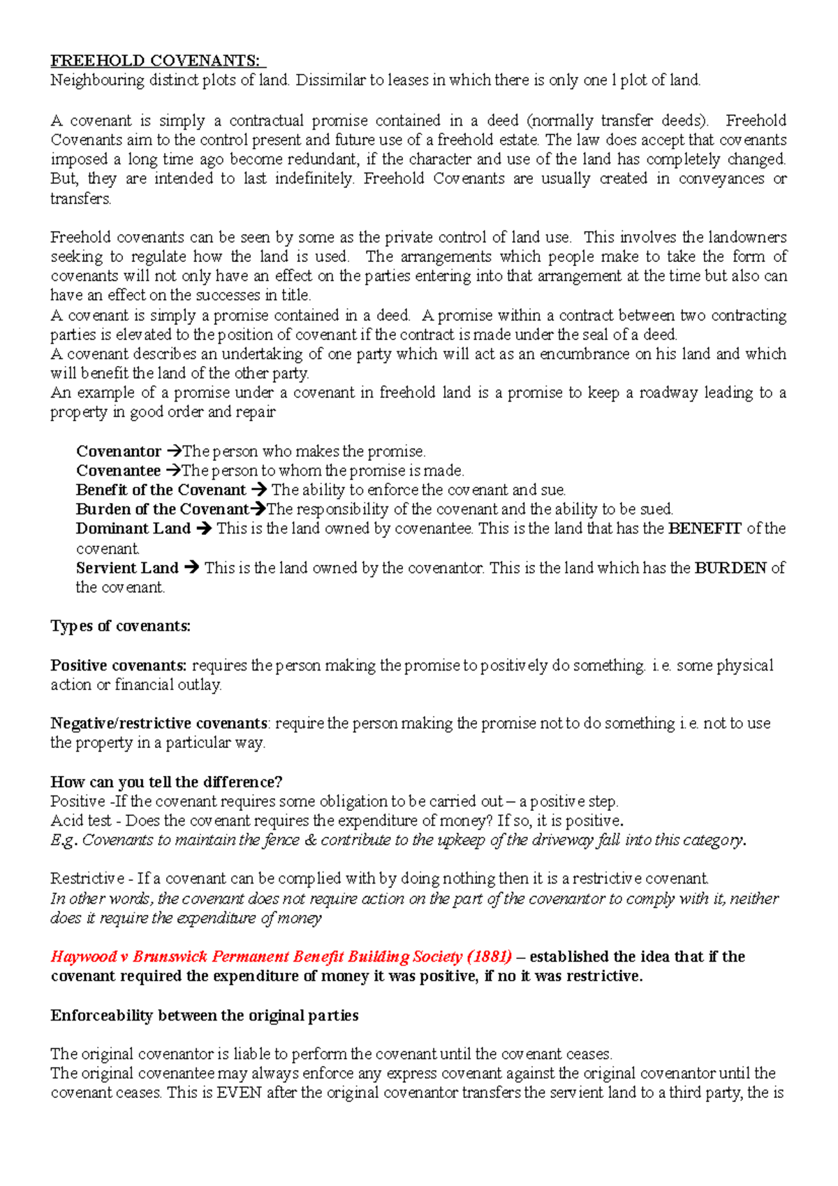 Unit 5- Freehold Covenants - FREEHOLD COVENANTS: Neighbouring distinct ...