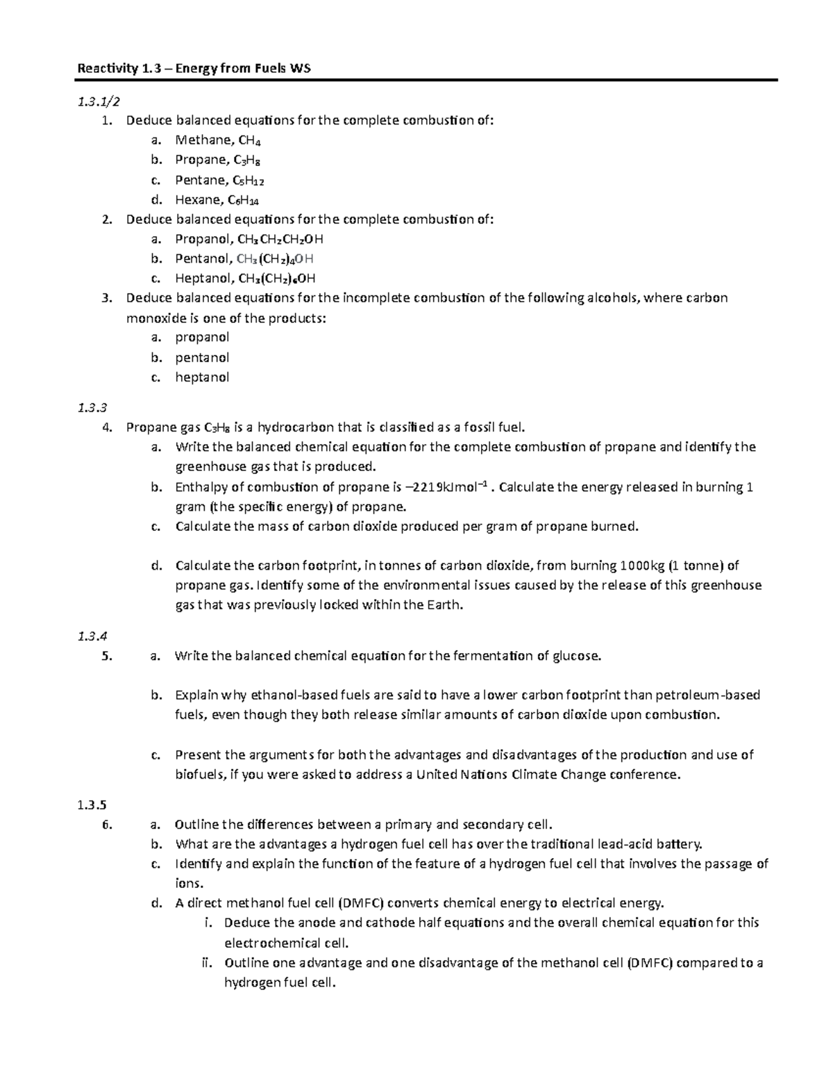 R1.3 Energy from Fuels WS - Reactivity 1. 3 – Energy from Fuels WS 1.3 ...