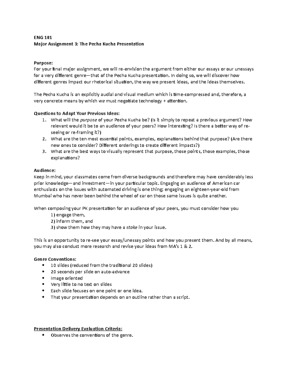 Major Assignment 3 - The Pechakucha - ENG 101 Major Assignment 3: The ...