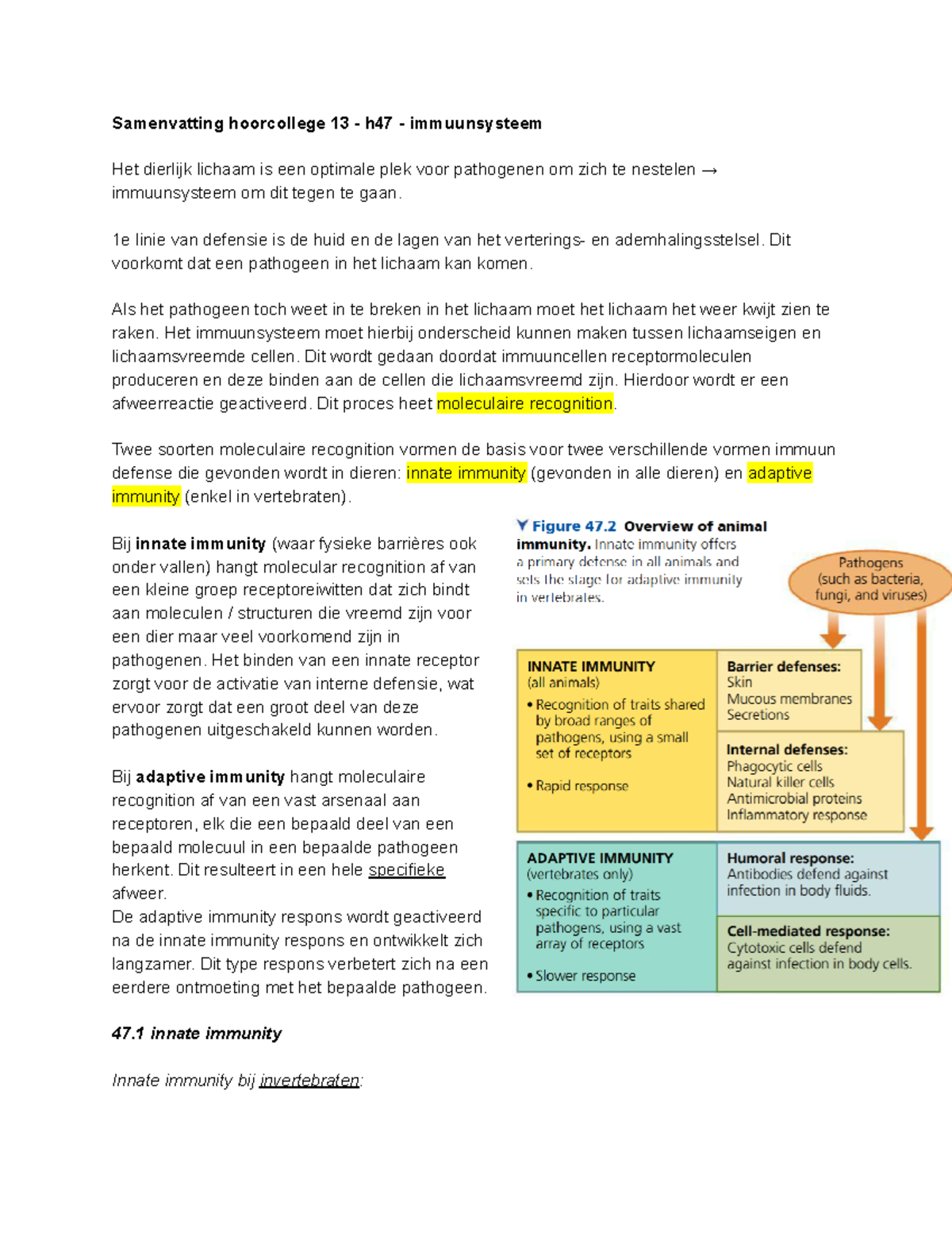 Biologie van dieren - Samenvatting hoorcollege 13 - h47 - immuunsysteem ...