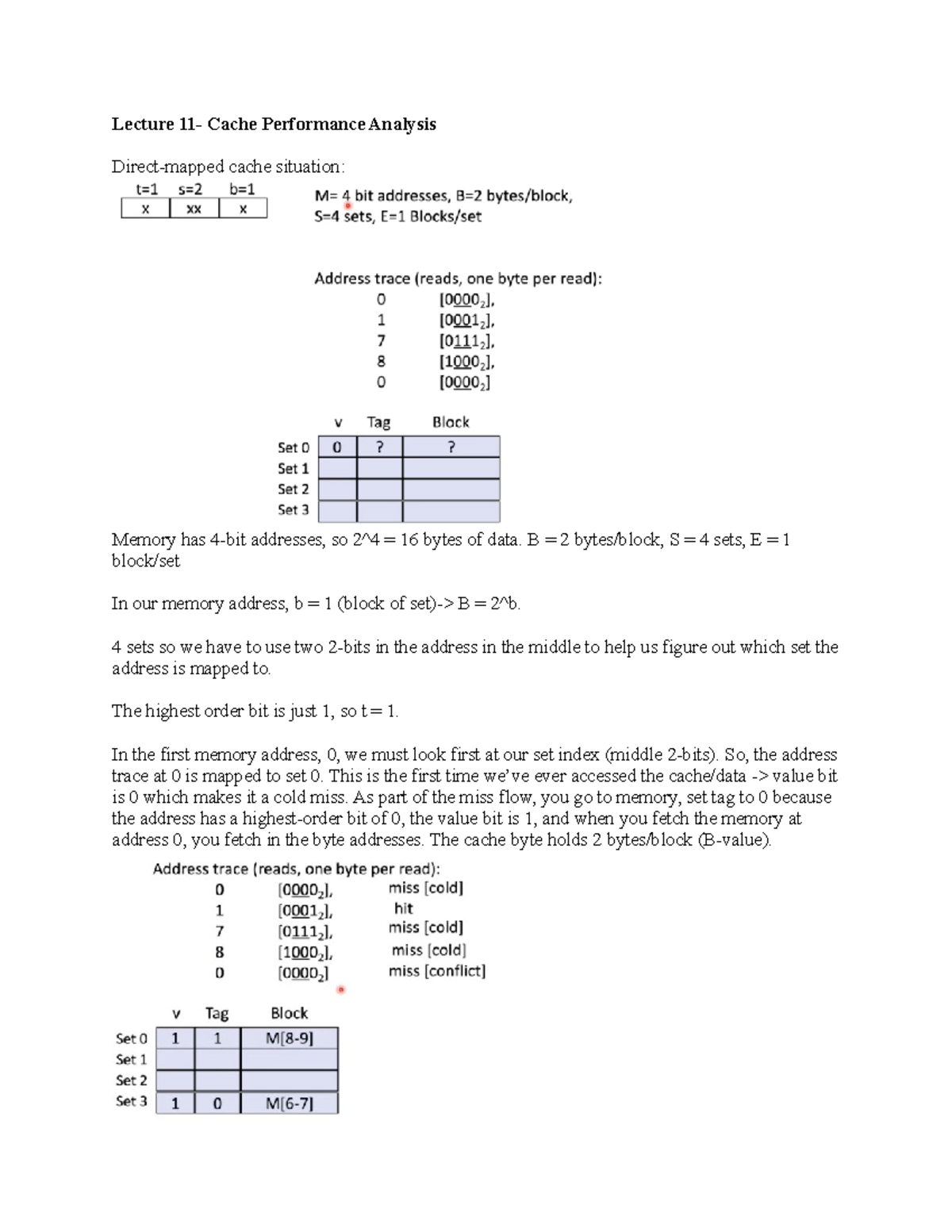 Lecture 11 Notes - Lecture 11- Cache Performance Analysis Direct-mapped ...