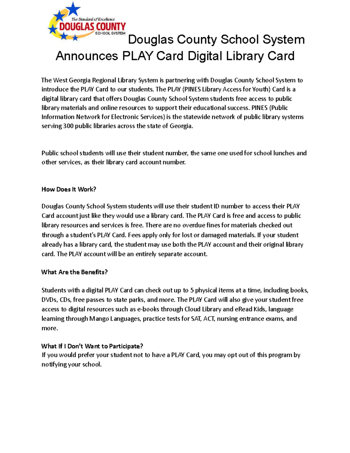 Douglas County PLAY Card - Douglas County School System Announces PLAY ...