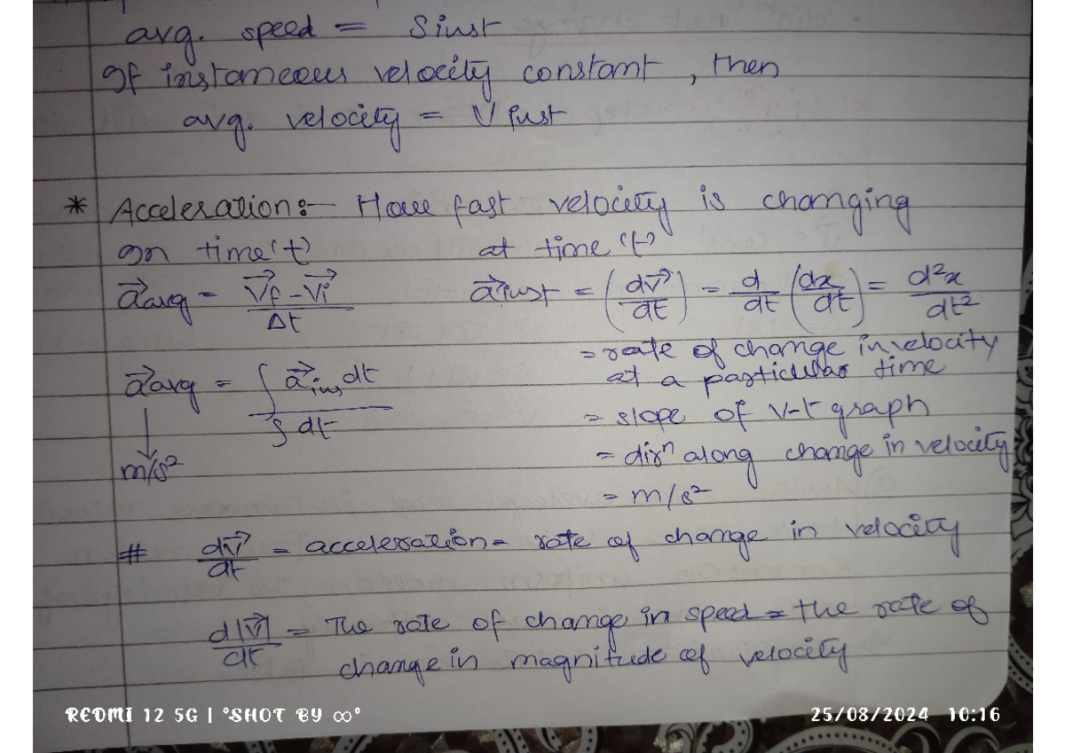 Acceleration Handwritten Avg Speed Sinst If Instaneous Velocity Constant Then Avg