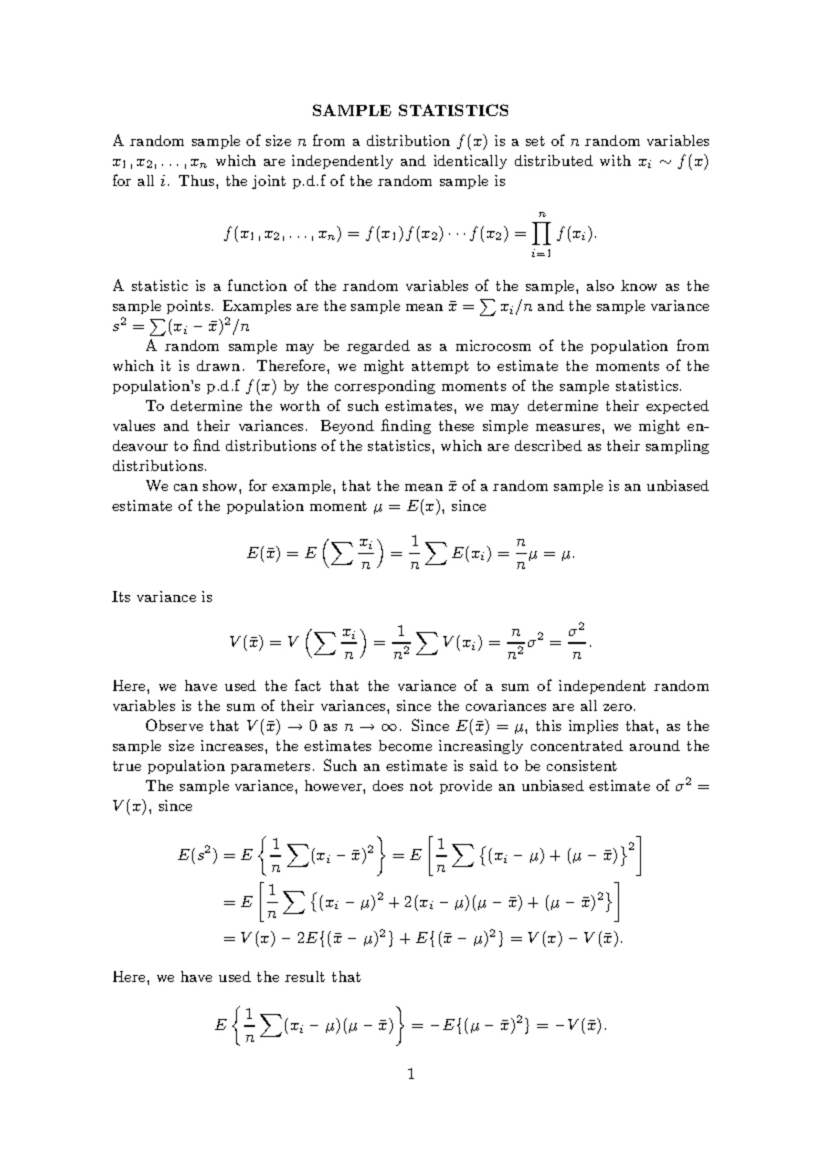 Lecture 8 Sample Of Statistics SAMPLE STATISTICS A Random Sample Of