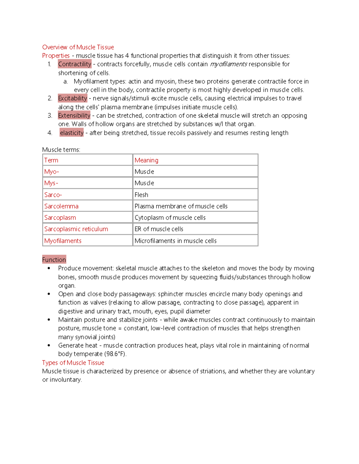 Chapter 10 notes - Overview of Muscle Tissue Properties muscle tissue ...