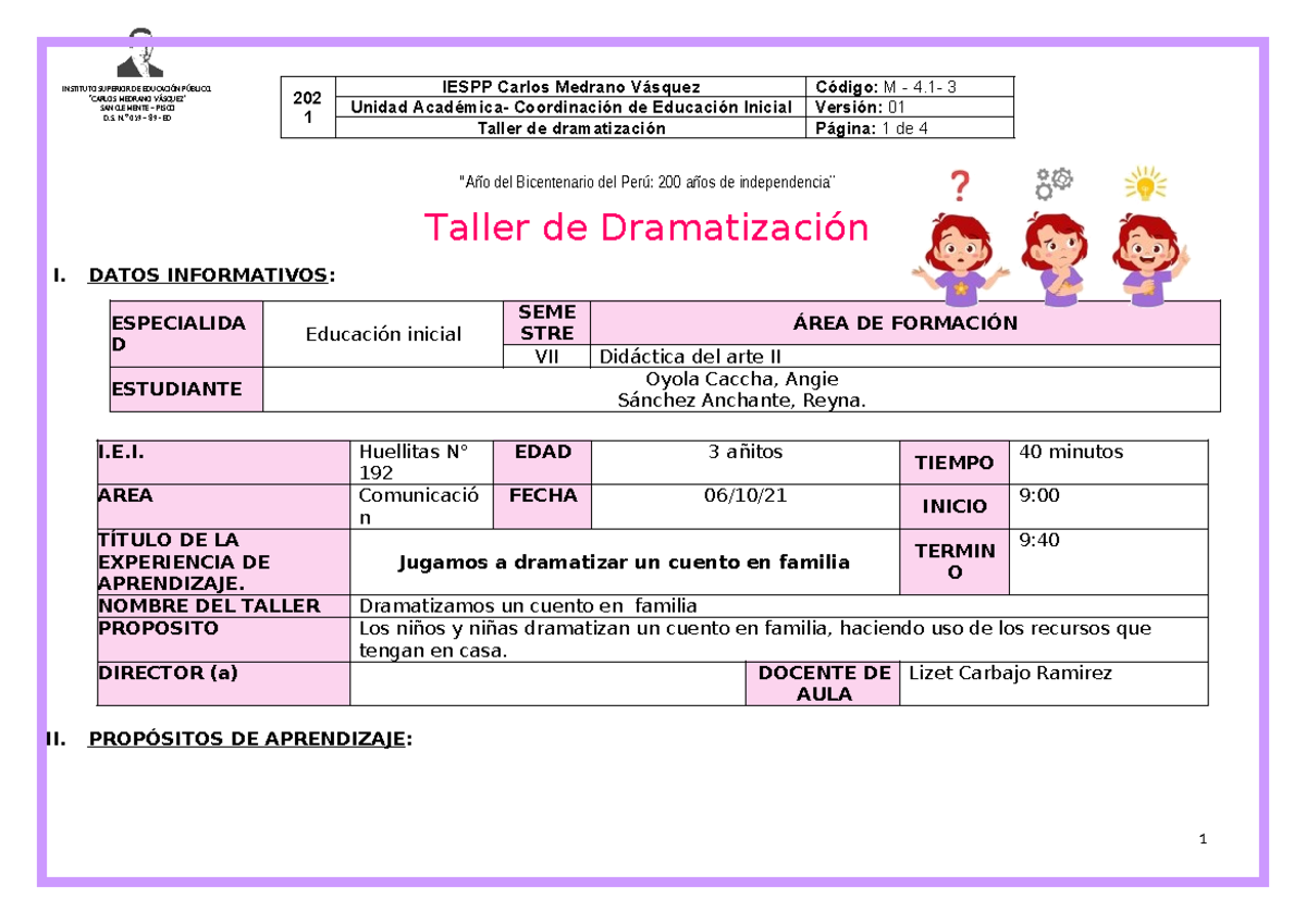 3. Taller DE Dramatización - “CARLOS MEDRANO VÁSQUEZ” SAN CLEMENTE ...