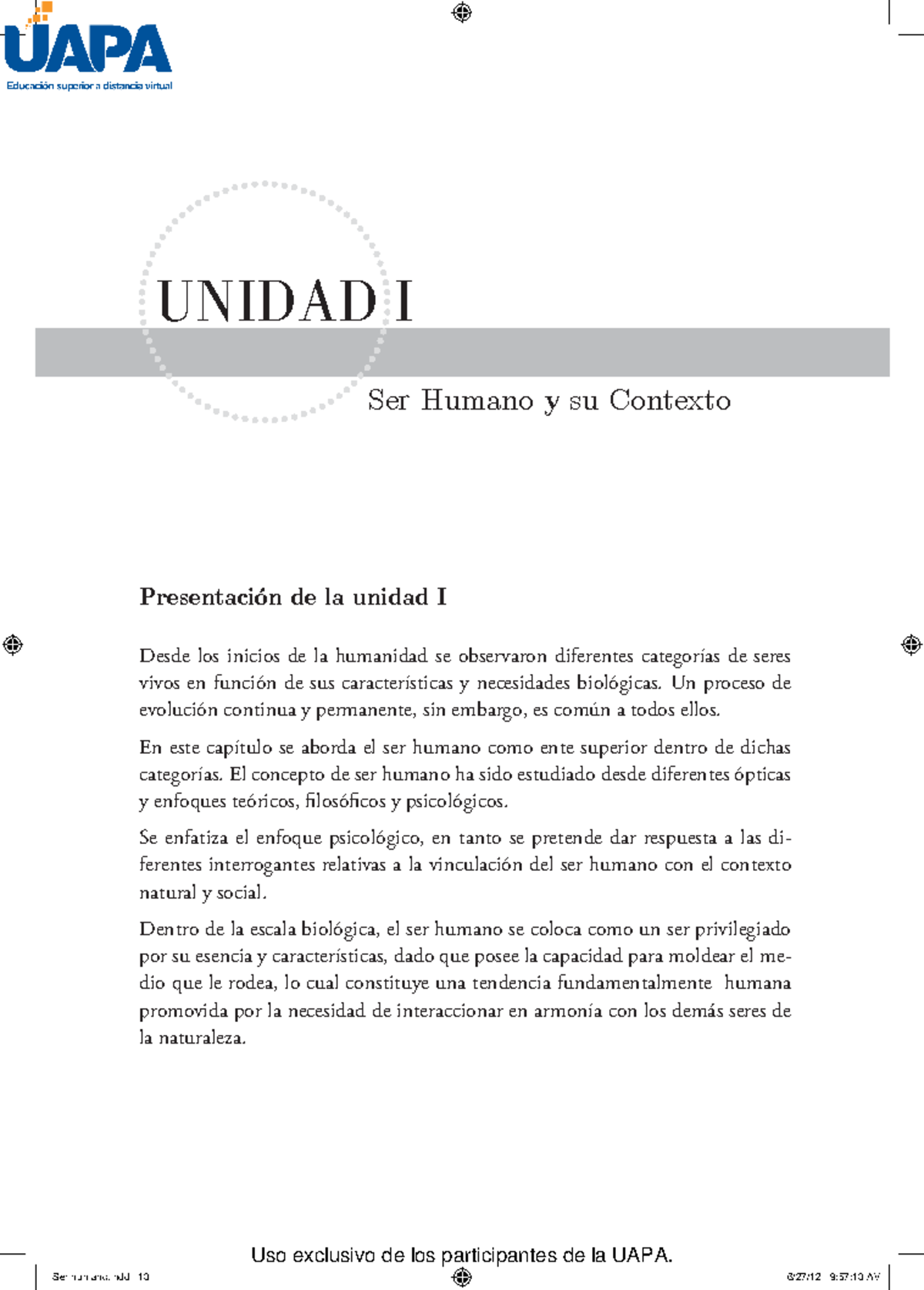 Ser humano y su Contexto Unidad 1 - Ser Humano y su Contexto UNIDAD I ...
