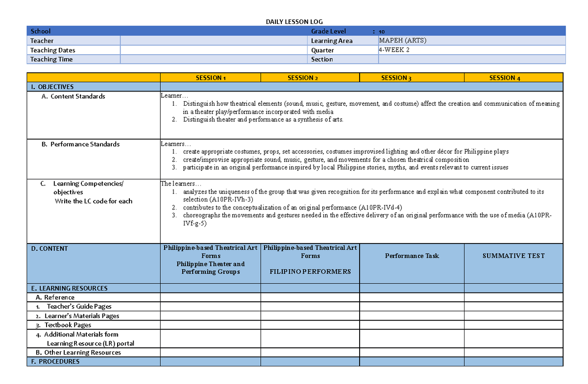 Daily Lesson LOG WEEK 2 - dll - DAILY LESSON LOG School Grade Level ...