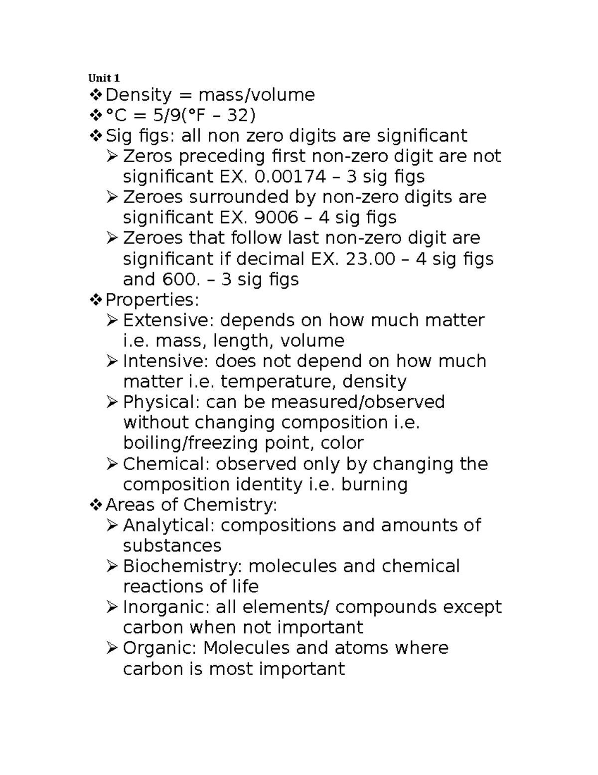 Chemistry 111 final study guide - Unit 1 Density = mass/volume °C = 5/9 ...