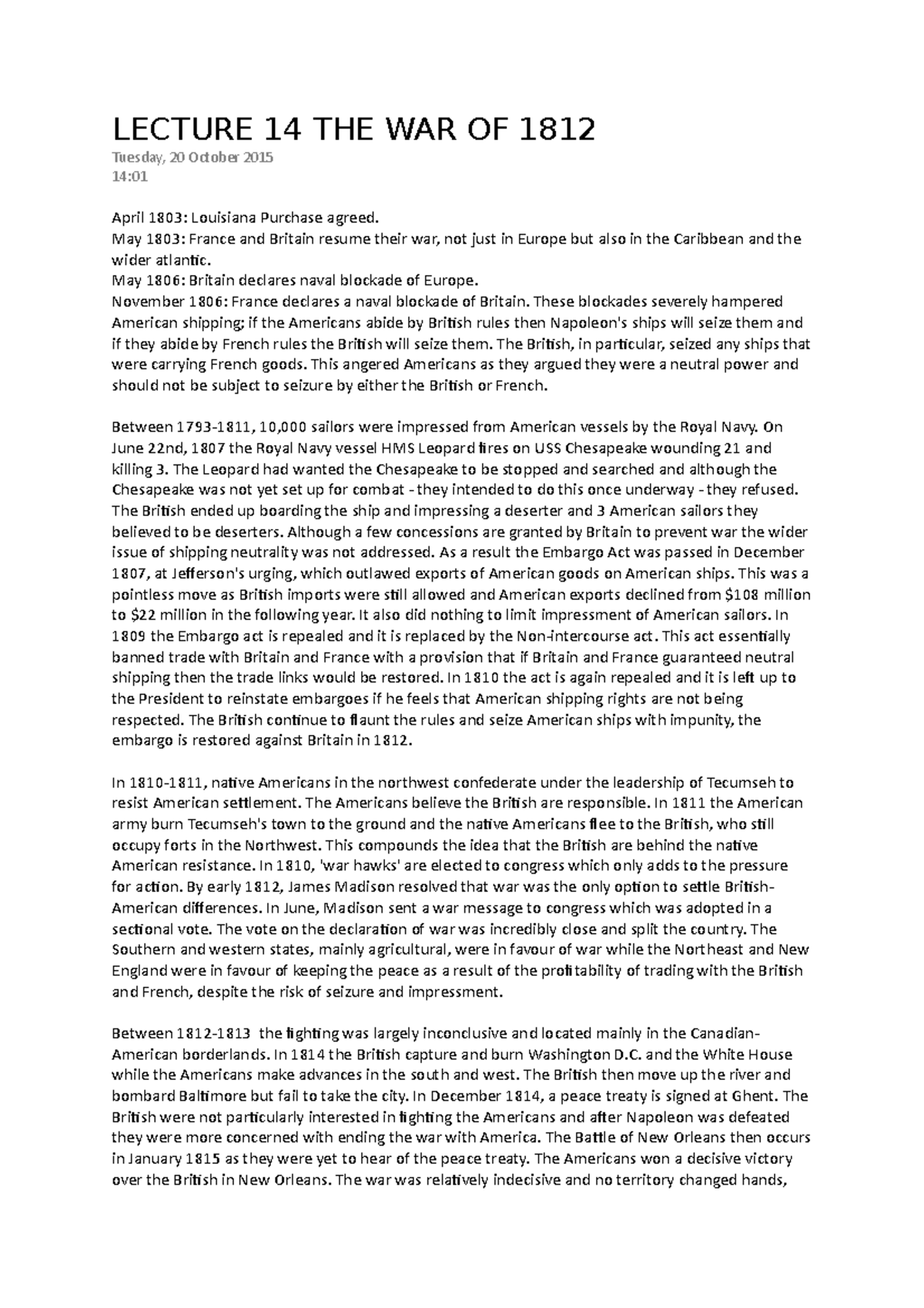 Lecture 14 THE WAR OF 1812 - LECTURE 14 THE WAR OF 1812 Tuesday, 20 ...