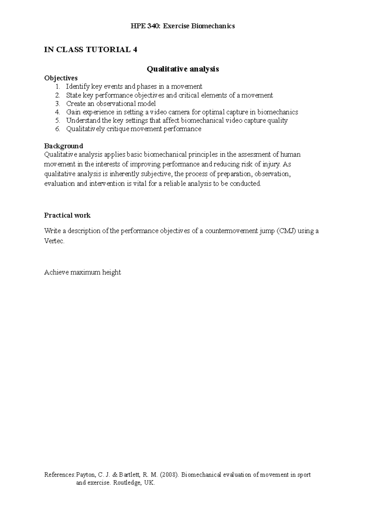 HPE 340 In class tutorial 4 Qualitative analysis - IN CLASS TUTORIAL 4 Qualitative analysis ...