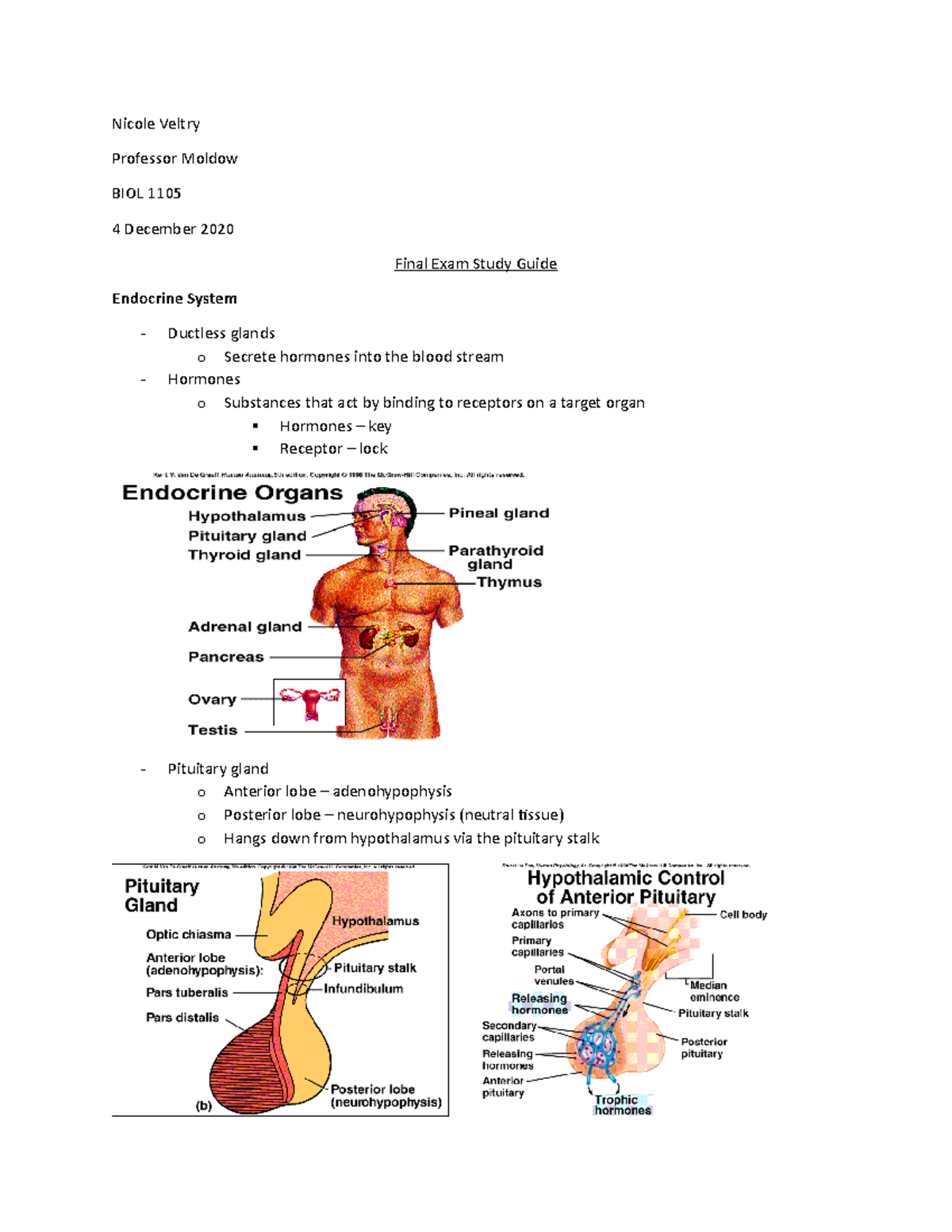 HSF Final Exam Finished - Nicole Veltry Professor Moldow BIOL 1105 4 December 2020 Final Exam ...