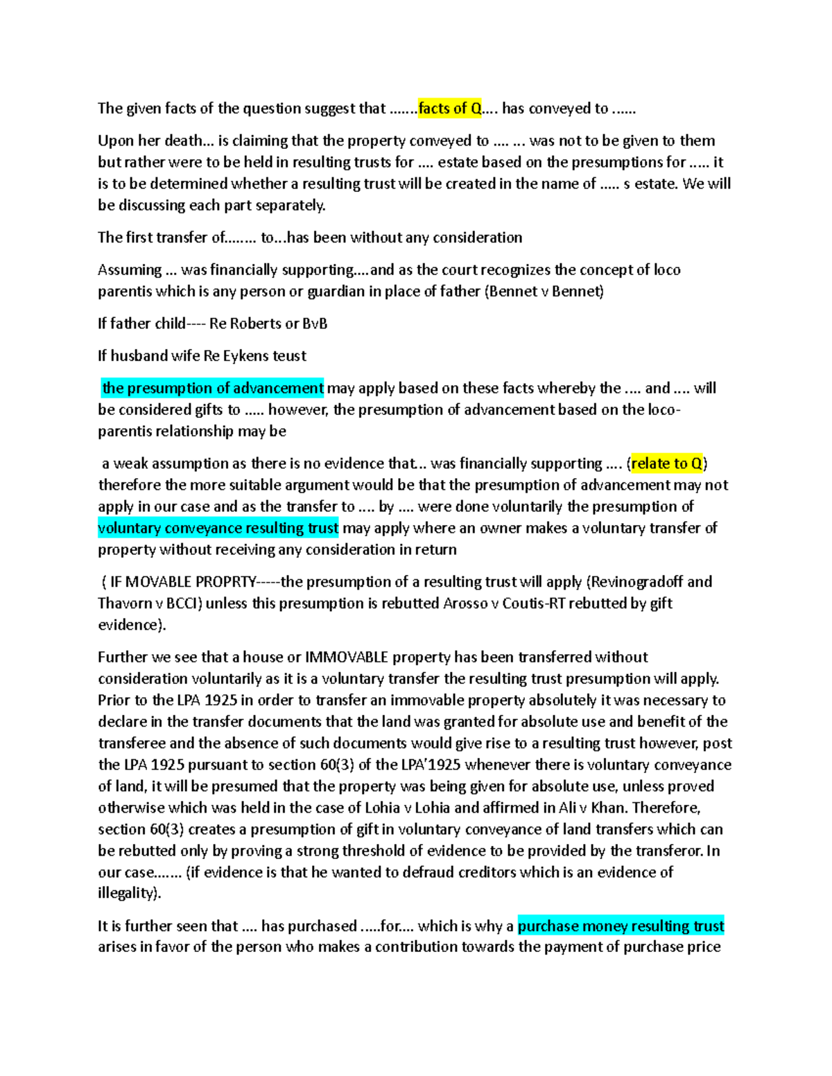 Resulting Trust - The given facts of the question suggest that ...