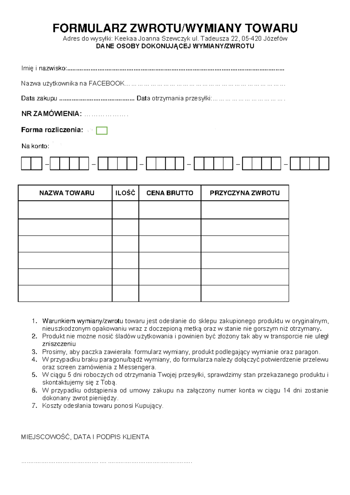Zwrot- Formularz - fghjm - FORMULARZ ZWROTU/WYMIANY TOWARU Adres do ...