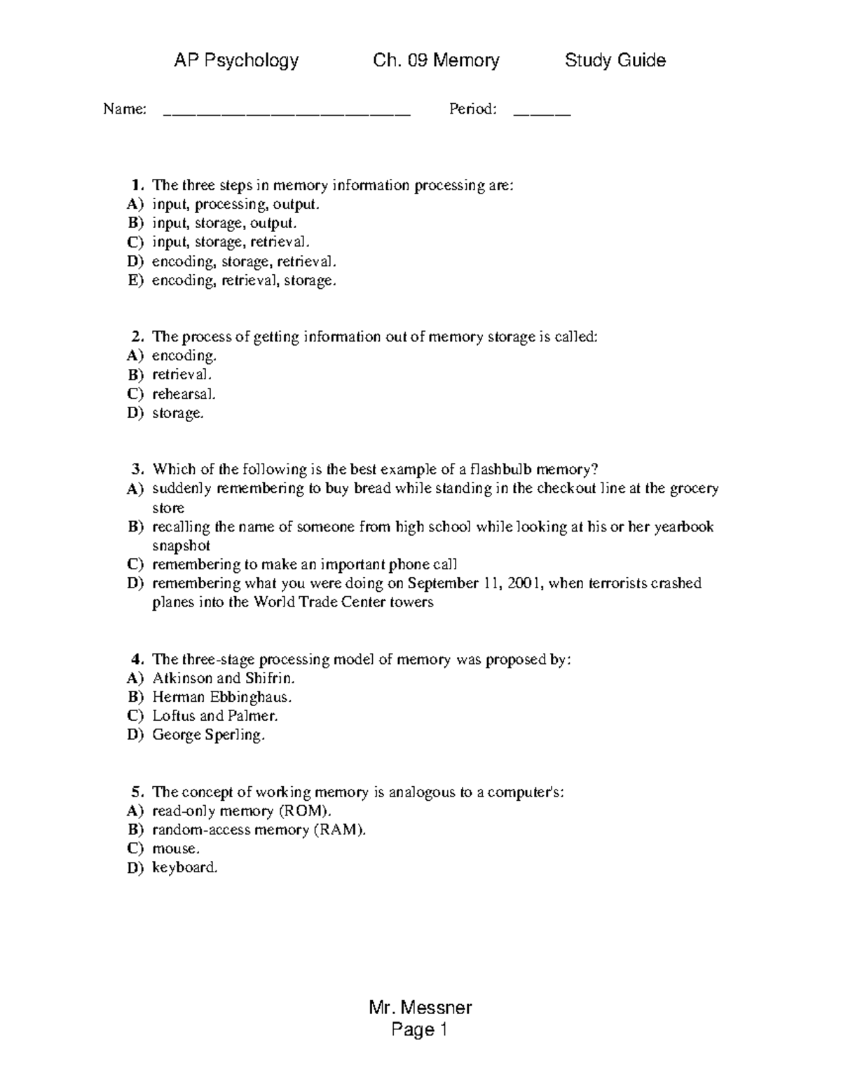 Ch - ch._9-memory_chapter_review_questions - Mr. Messner Name