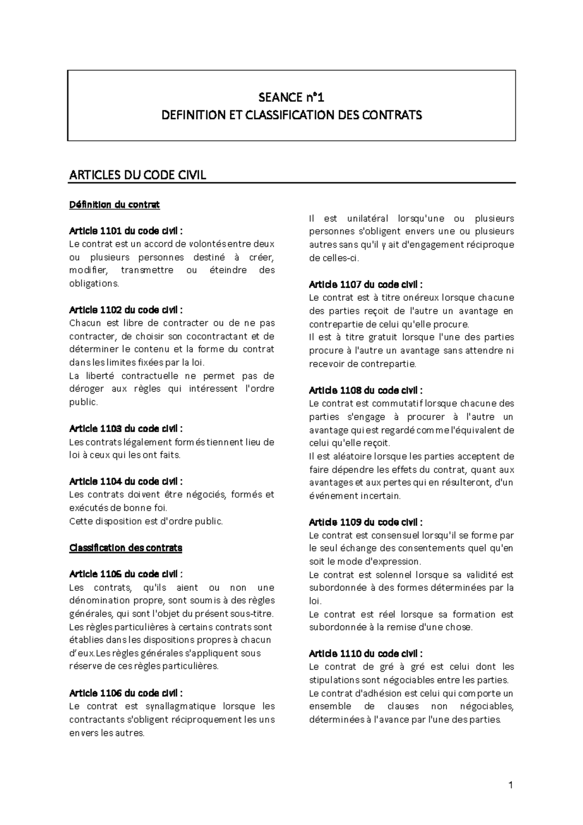 Seance 1 (2023) - SEANCE n° DEFINITION ET CLASSIFICATION DES CONTRATS ARTICLES DU CODE CIVIL ...