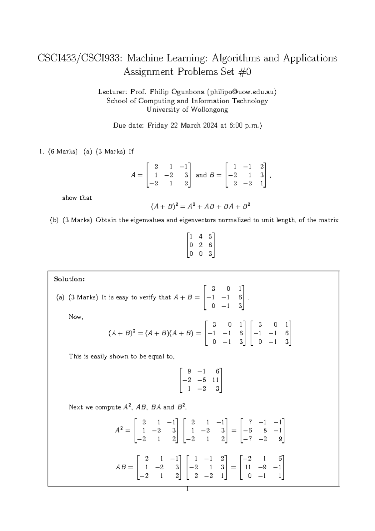 1Solution - Prob assignment solution - CSCI433/CSCI933: Machine Learning: Algorithms and - Studocu