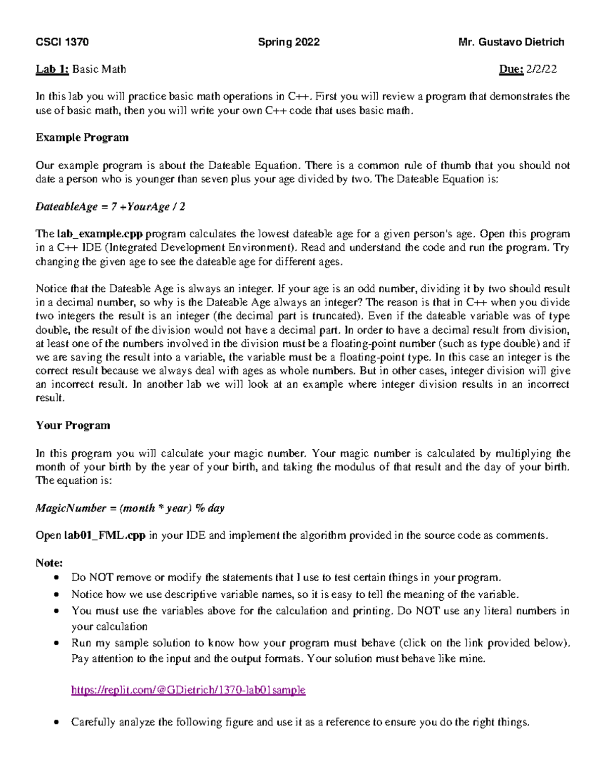 Lab01 1370 - instructions only - CSCI 1370 Spring 2022 Mr. Gustavo Dietrich Lab 1 : Basic Math ...