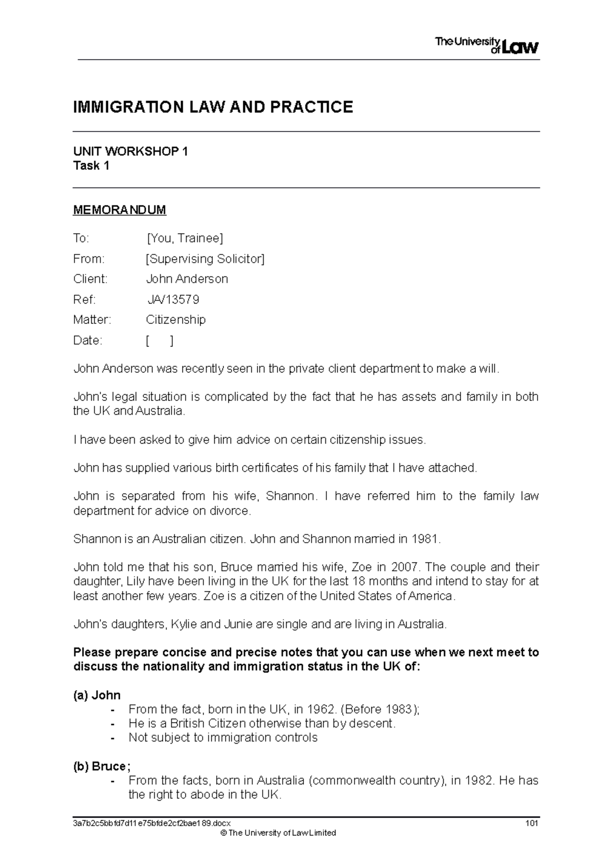 Ws 1 Task 1 - Workshop 2 task 1 of the immigration law module ...