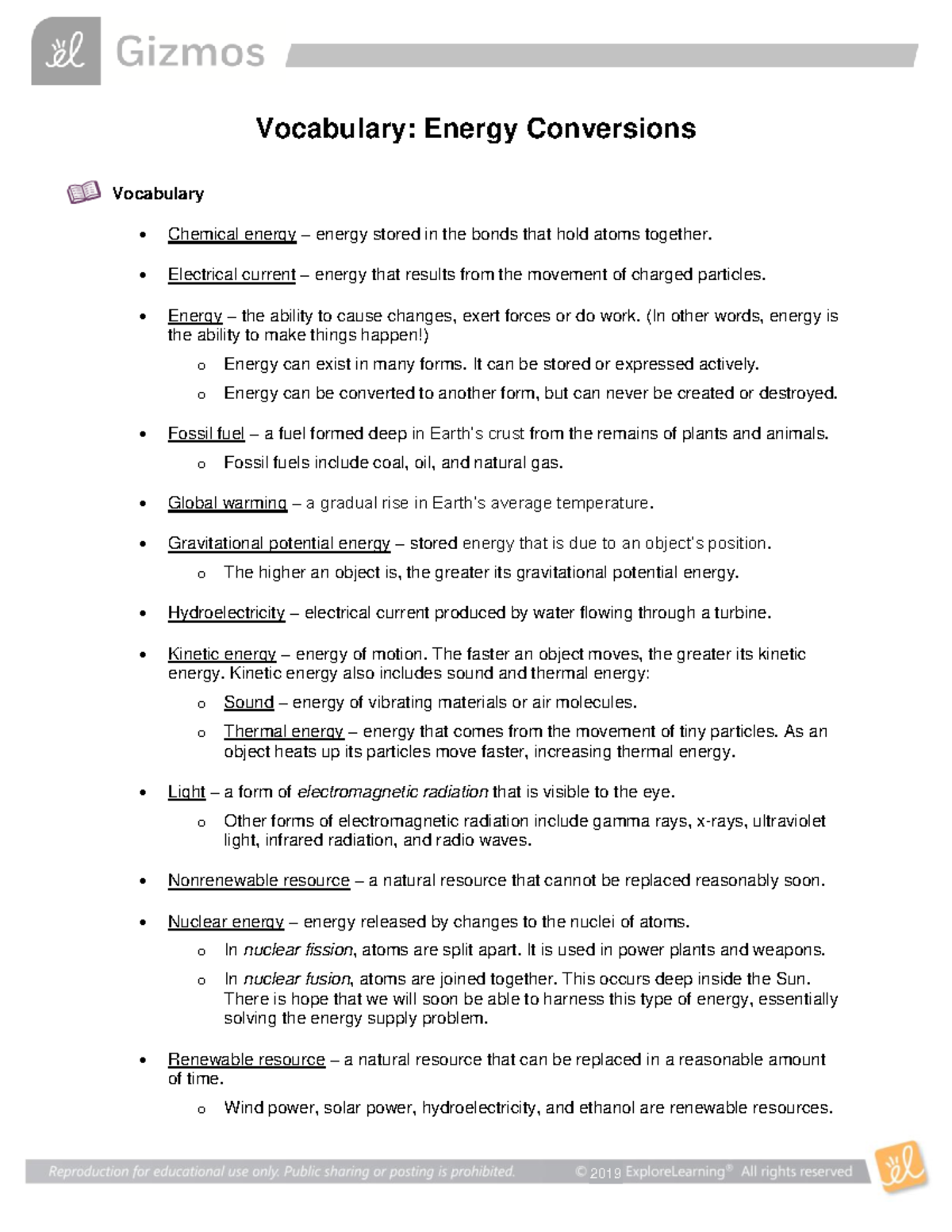 Energy Conversions Vocab - 2019 Vocabulary: Energy Conversions ...