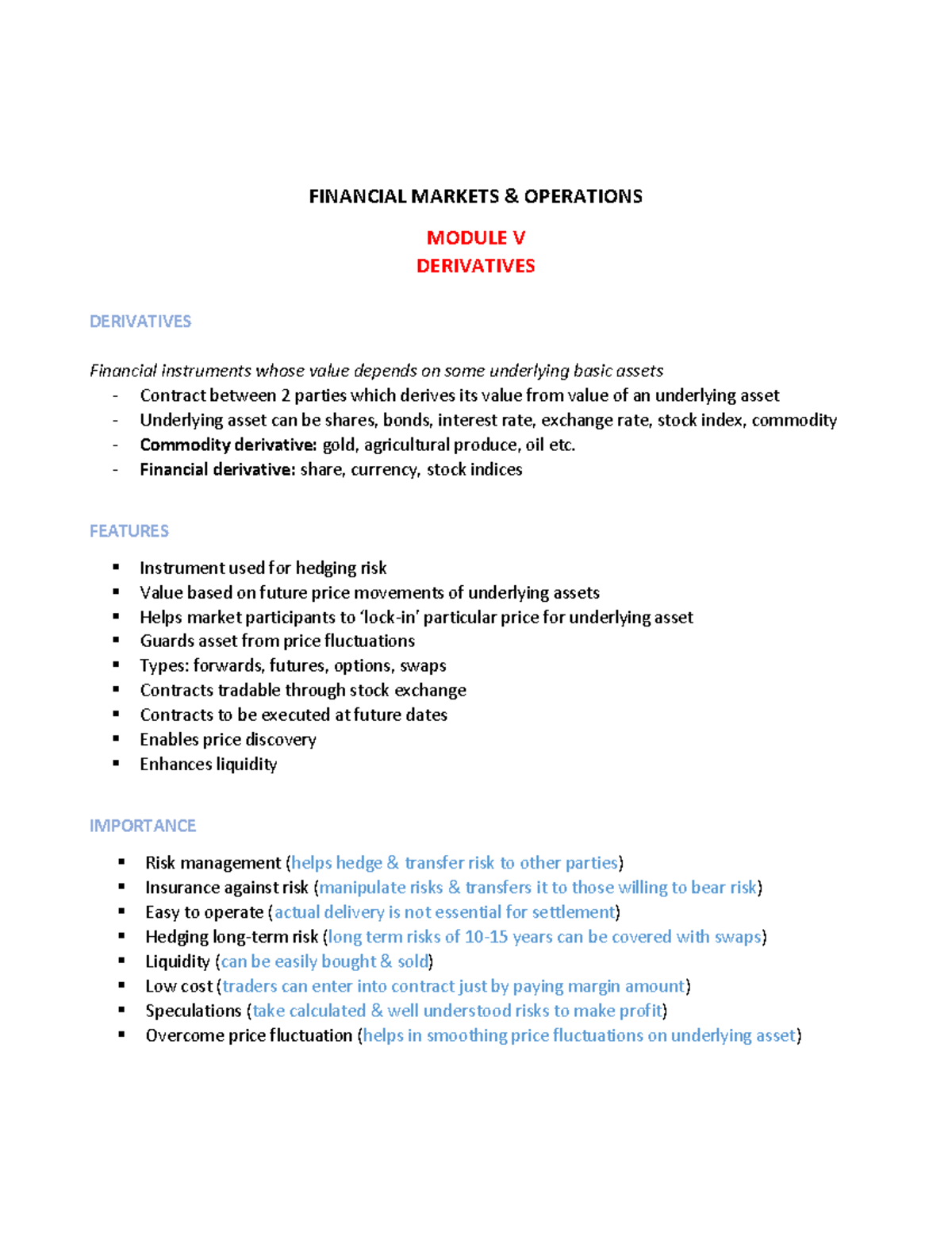 financial markets & operations module 5 derivatives FMO - FINANCIAL ...