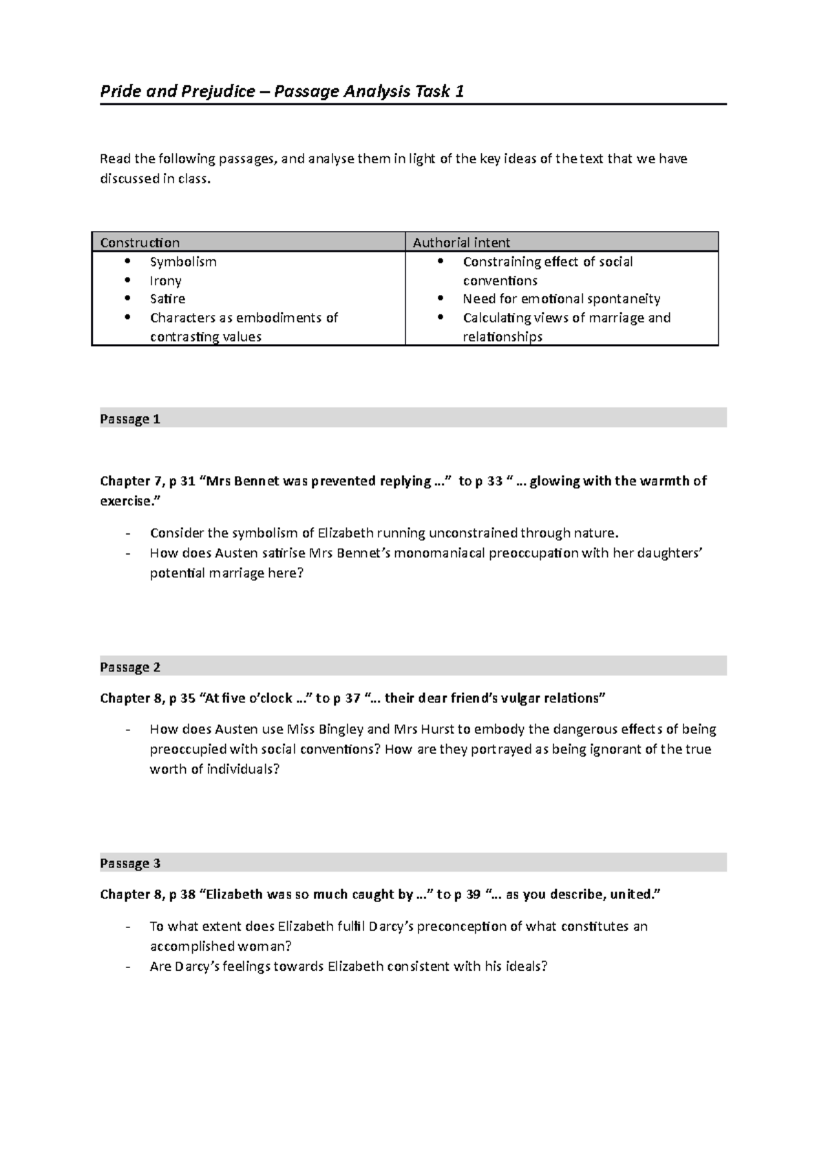 Pride and Prejudice - Passage Analysis Task - Construction Authorial ...