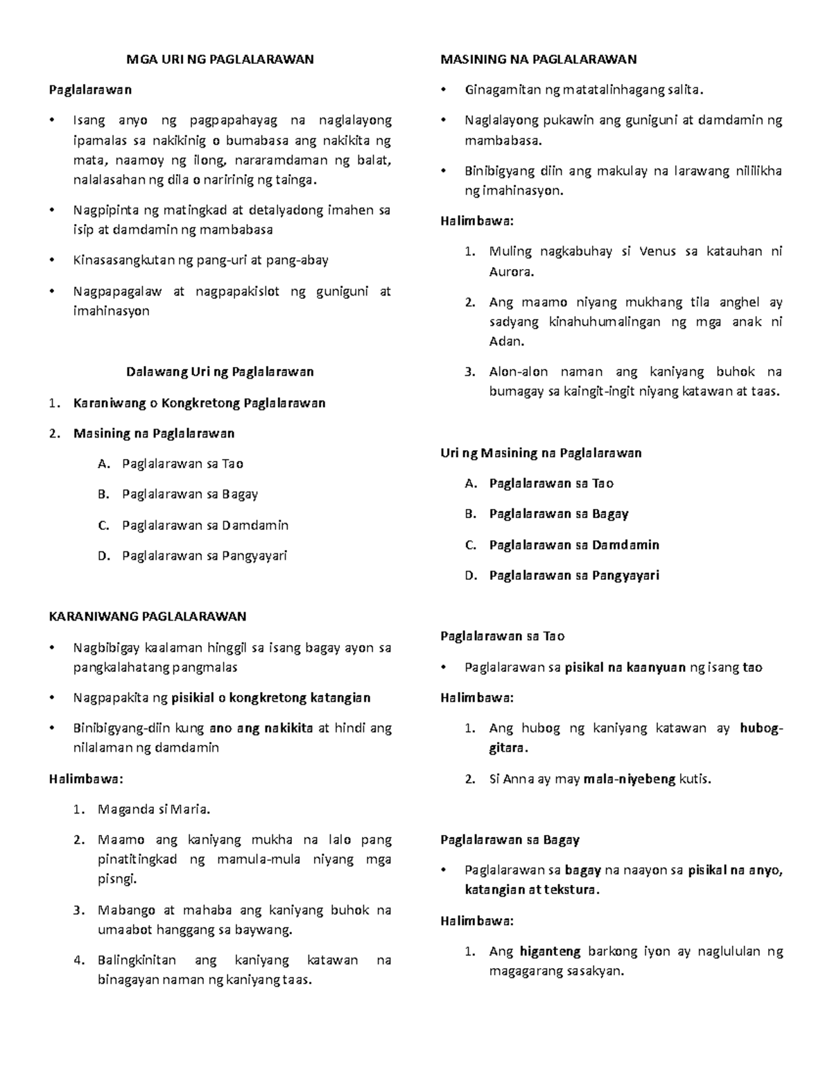 MGA URI NG PAGLALARAWAN - MGA URI NG PAGLALARAWAN Paglalarawan Isang ...