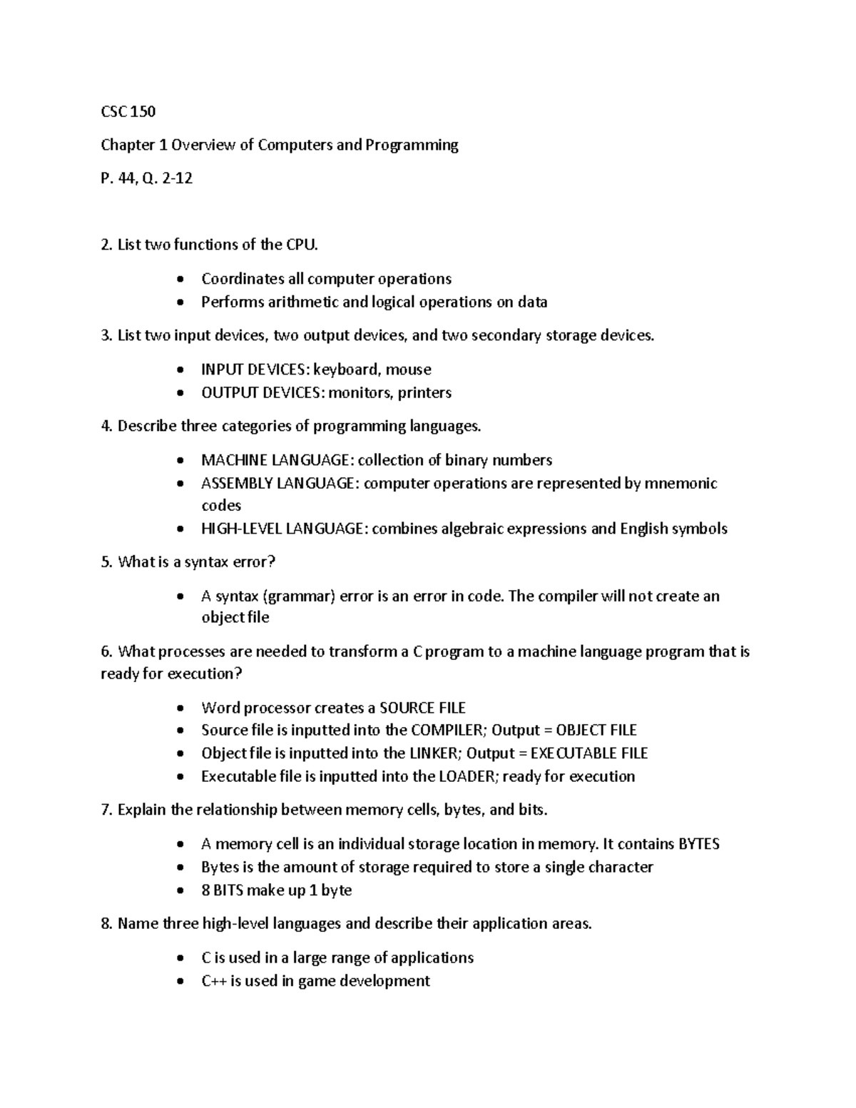 Csc 150 Chapter 1 Csc 150 Chapter 1 Overview Of Computers And Programming P 44 Q 2 12 List