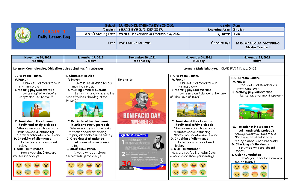 English ddl q2 week 5 - LESSON LOG - GRADE 4 Daily Lesson Log School ...
