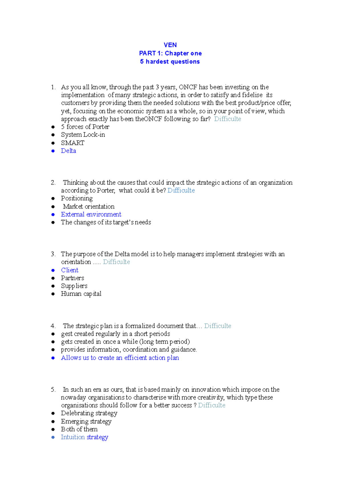 50 questions Management Stratégique - VEN PART 1: Chapter one 5 hardest ...
