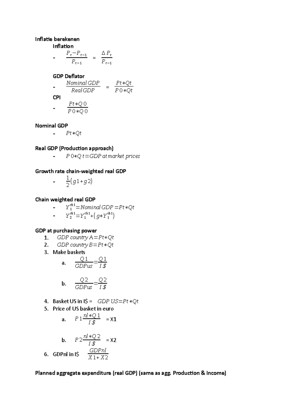 Formules Macro - Inflatie berekenen Inflation - Pt−Pt− 1 Pt− 1 = ∆ Pt ...