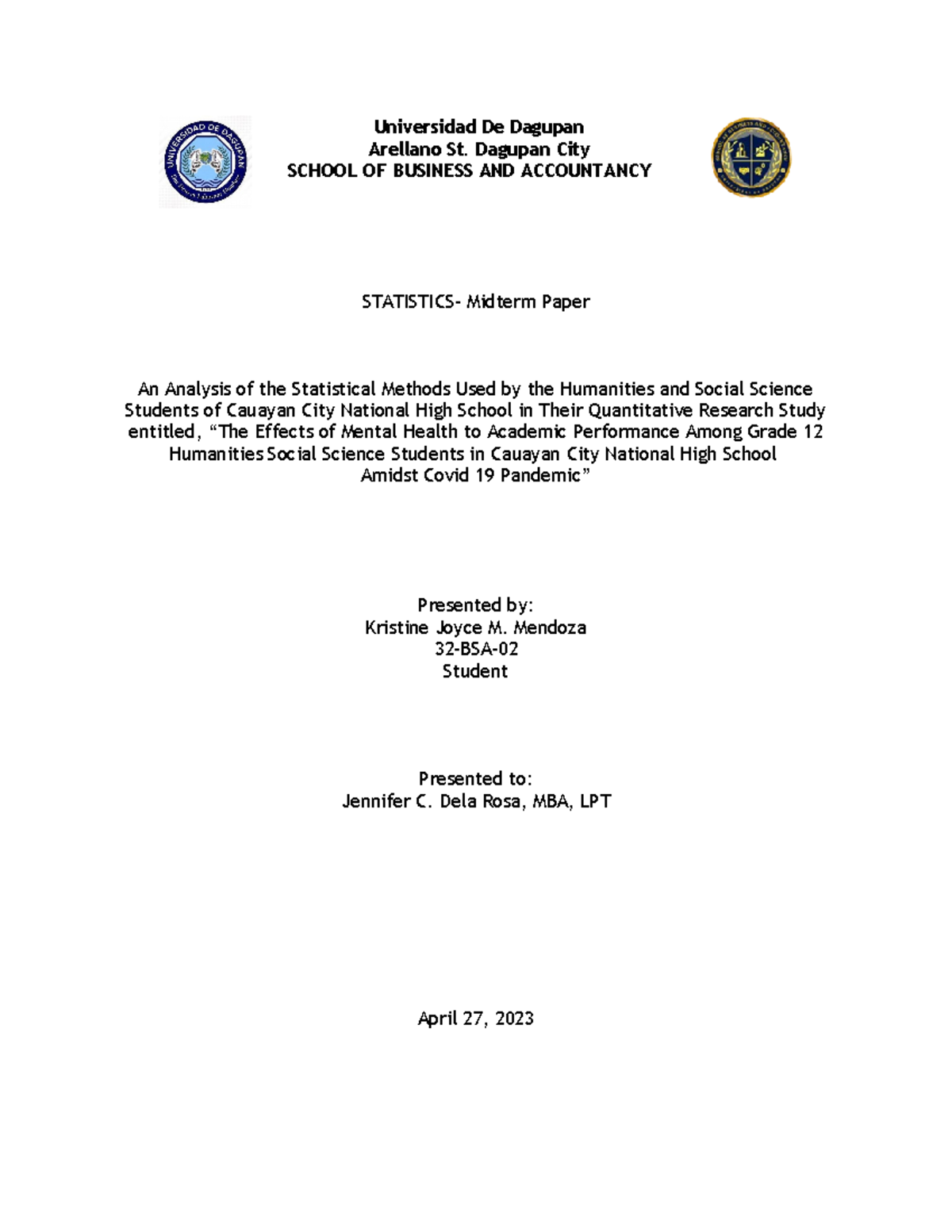 Sample midterm paper statistics - Universidad De Dagupan Arellano St ...