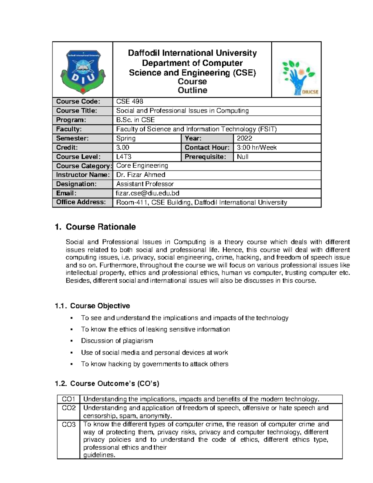 Cse 498 Course Outline Daffodil International University Department Of Computer Science And