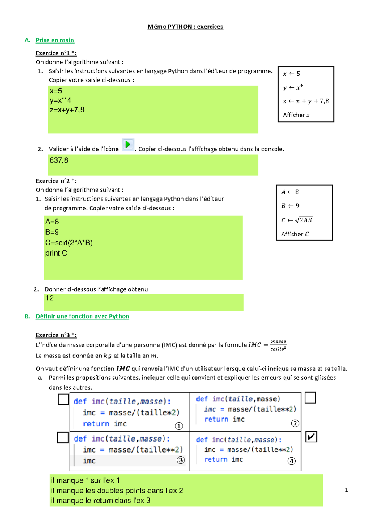 2. Exercices Mémo - Mémo PYTHON : exercices A. Prise en main Exercice n°1 *: On donne l ...