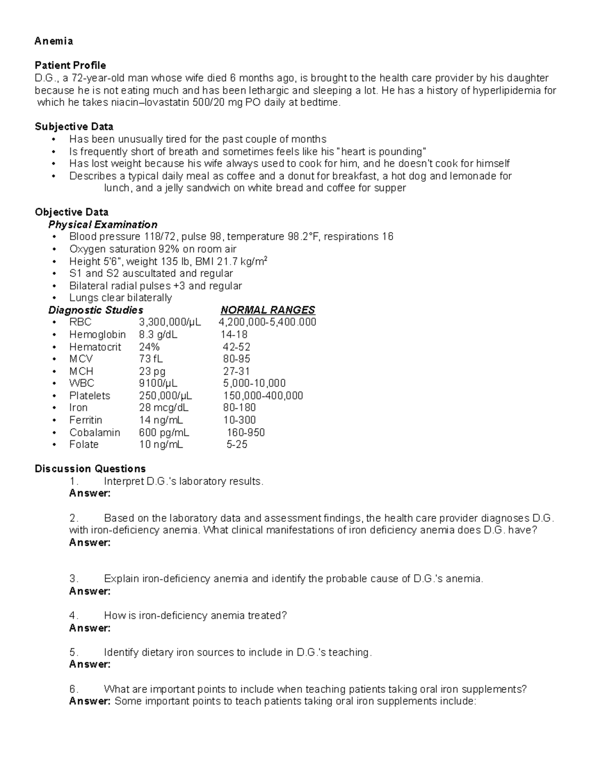 Anemia Case Study w o answers - Anemia Patient Profile D., a 72-year ...