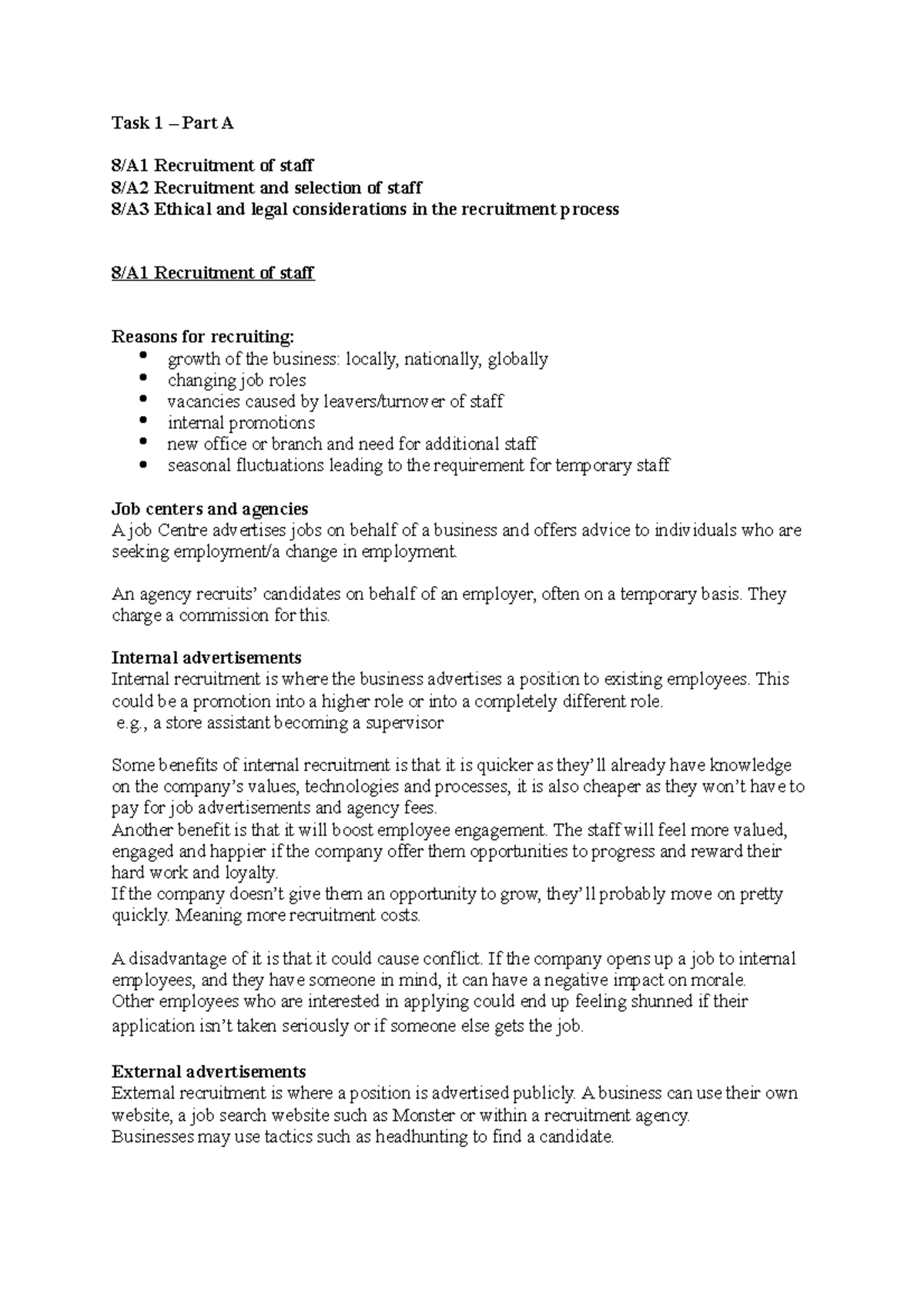 Task 1 Part A - Recruitment & Selection - Task 1 – Part A 8/A1 ...