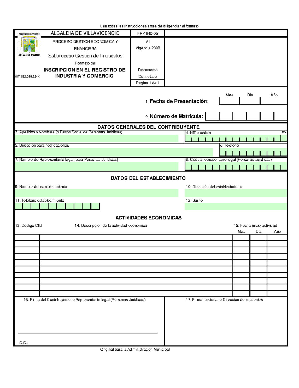 Formulario Inscripcion EN EL Registro DE Industria Y Comercio - Lea ...