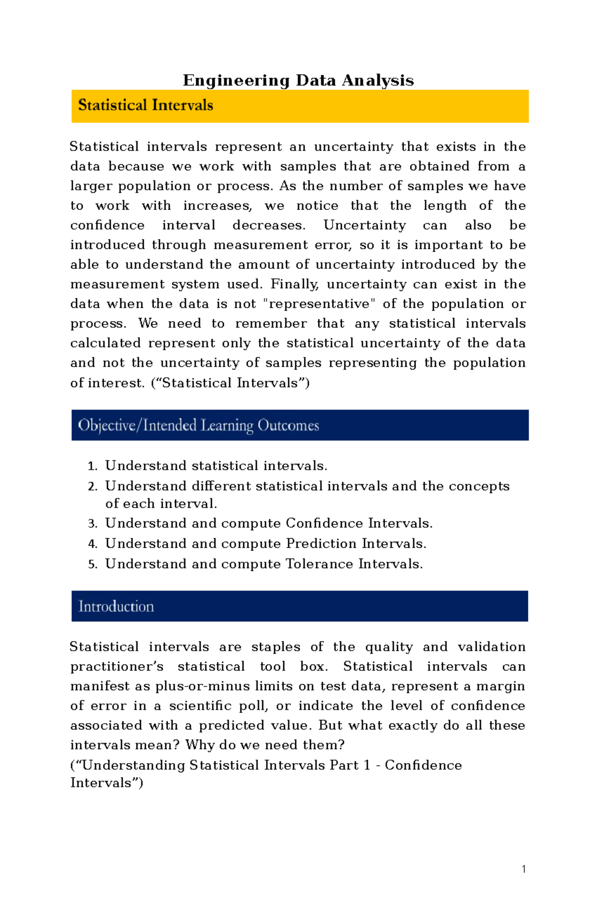 Statistical Intervals - Engineering Data Analysis Statistical intervals ...