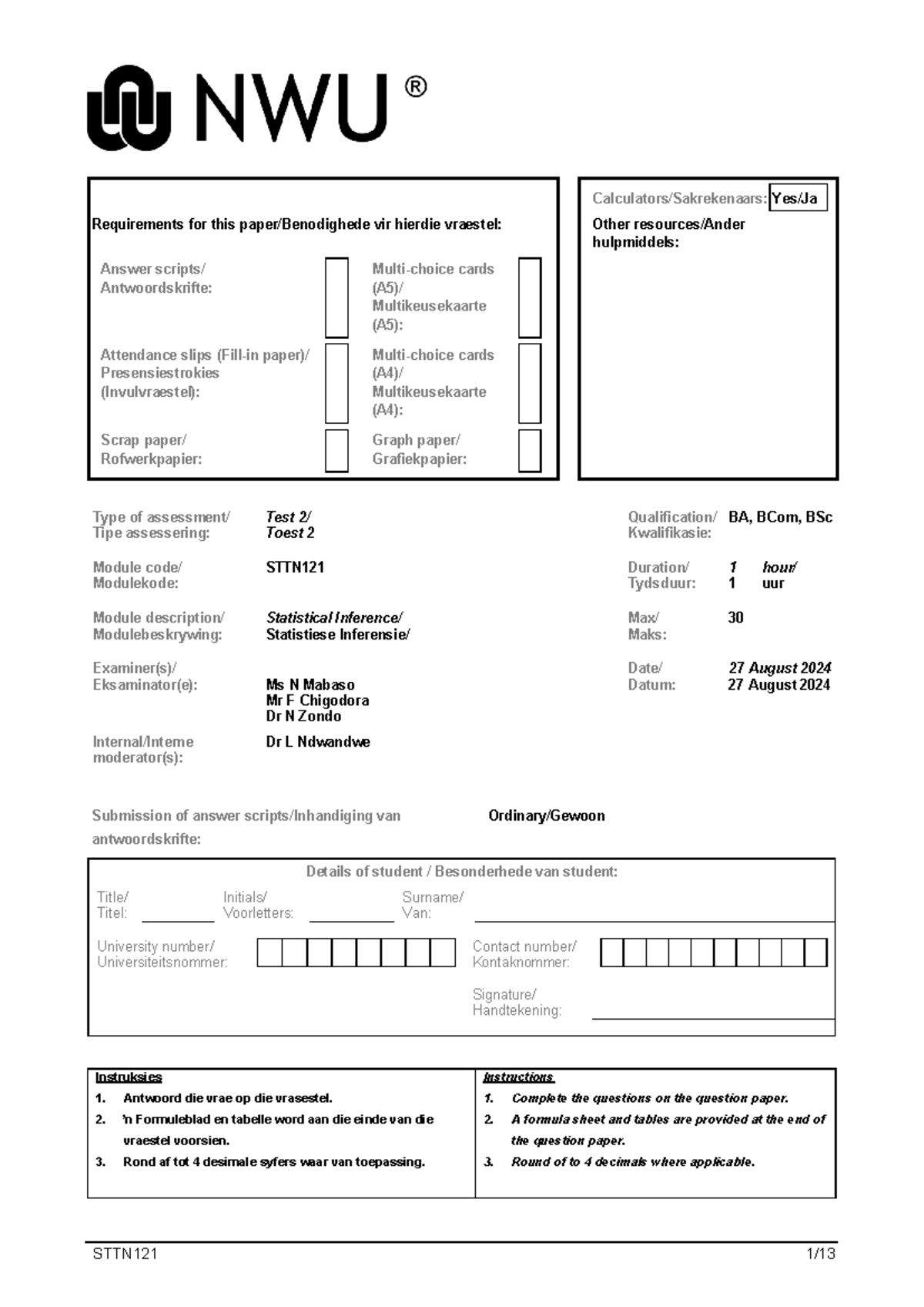 STTN121 2024 Test 2 Questions and Suggested Solutions - Calculators ...